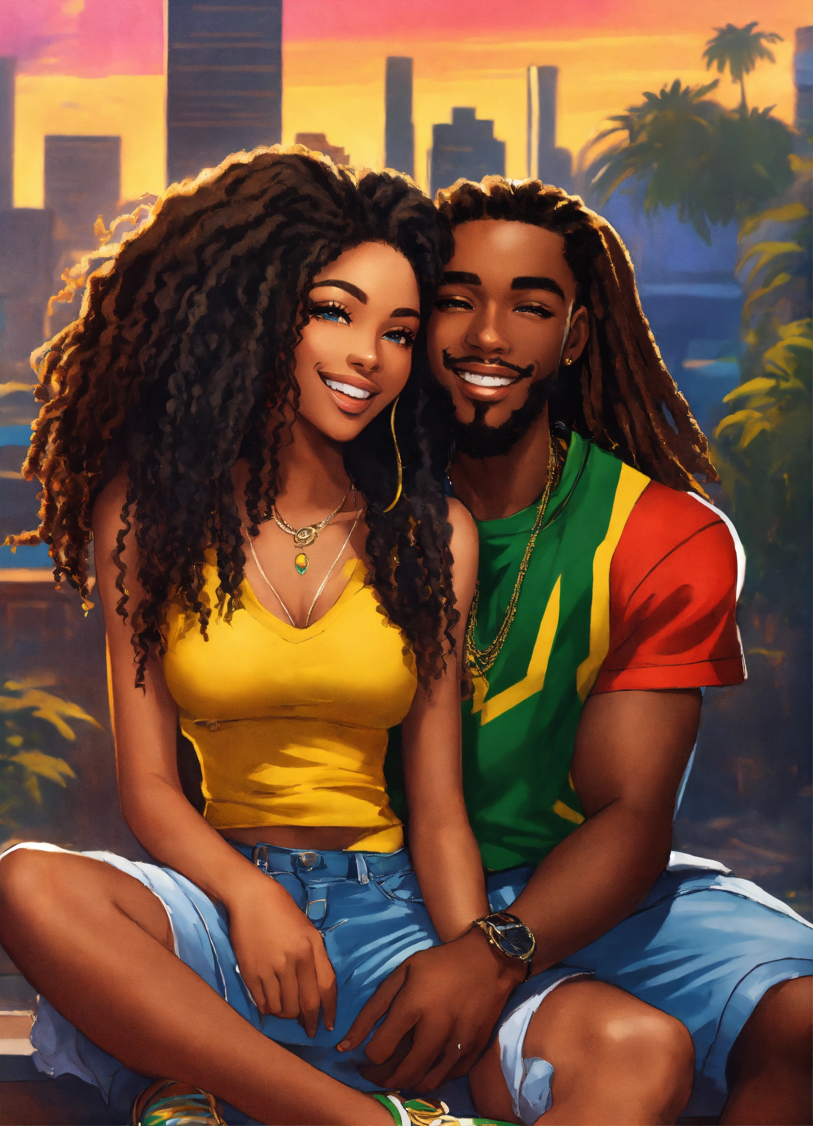 Lexica - Black couple, sitting close, center of picture, beautiful hair ...