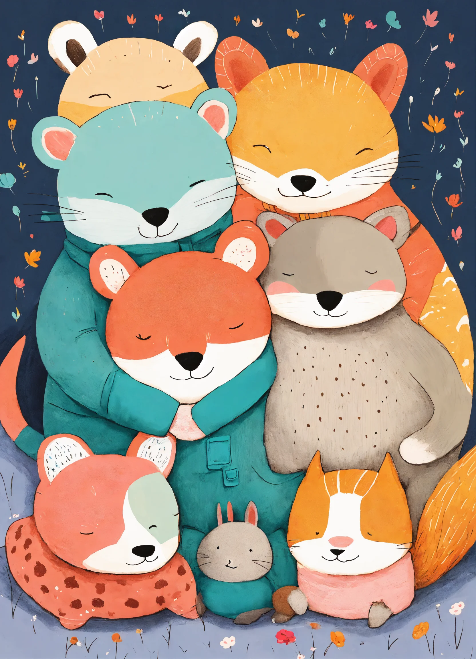 Lexica - Happy friends cuddling, cute critters, by oliver jeffers