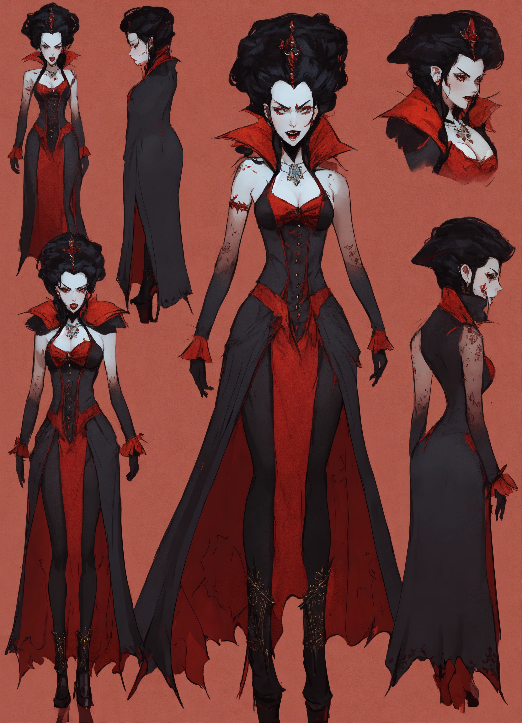 Lexica - Vampire queen evil upset wearing a dress, character sheet, character design, multiple ...