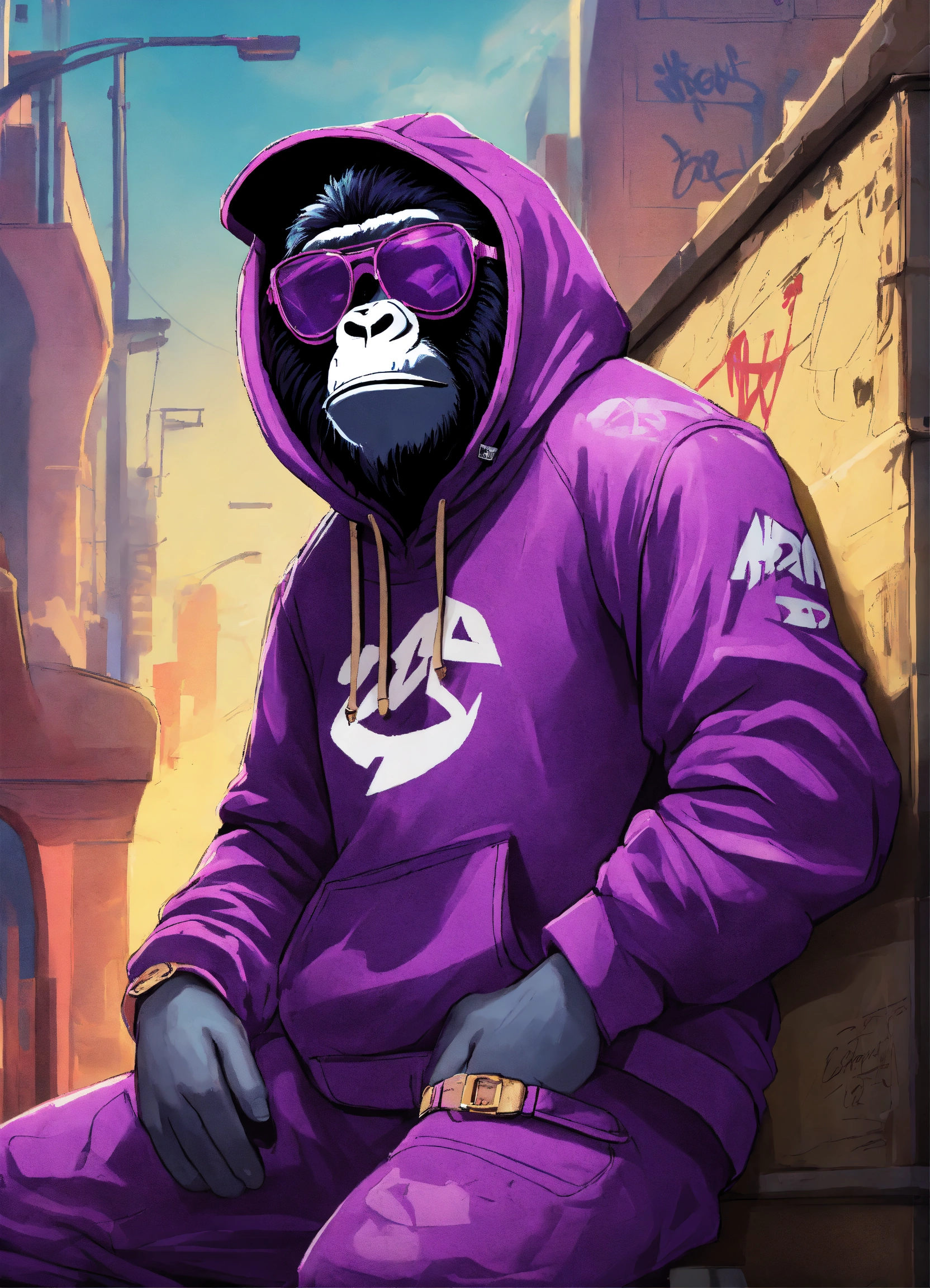 Lexica - An ape wearing a purple hoodie and aviator glasses and jordans, graffiti art by hanna ...