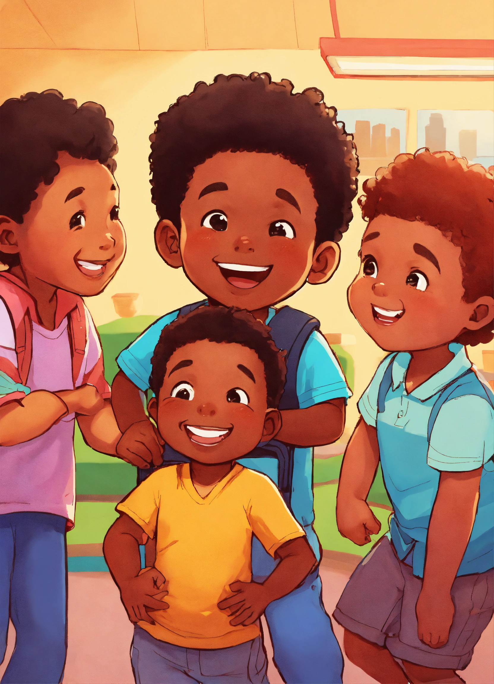 Lexica - Cartoon, colorful, illustrate a black toddler boy playing with ...