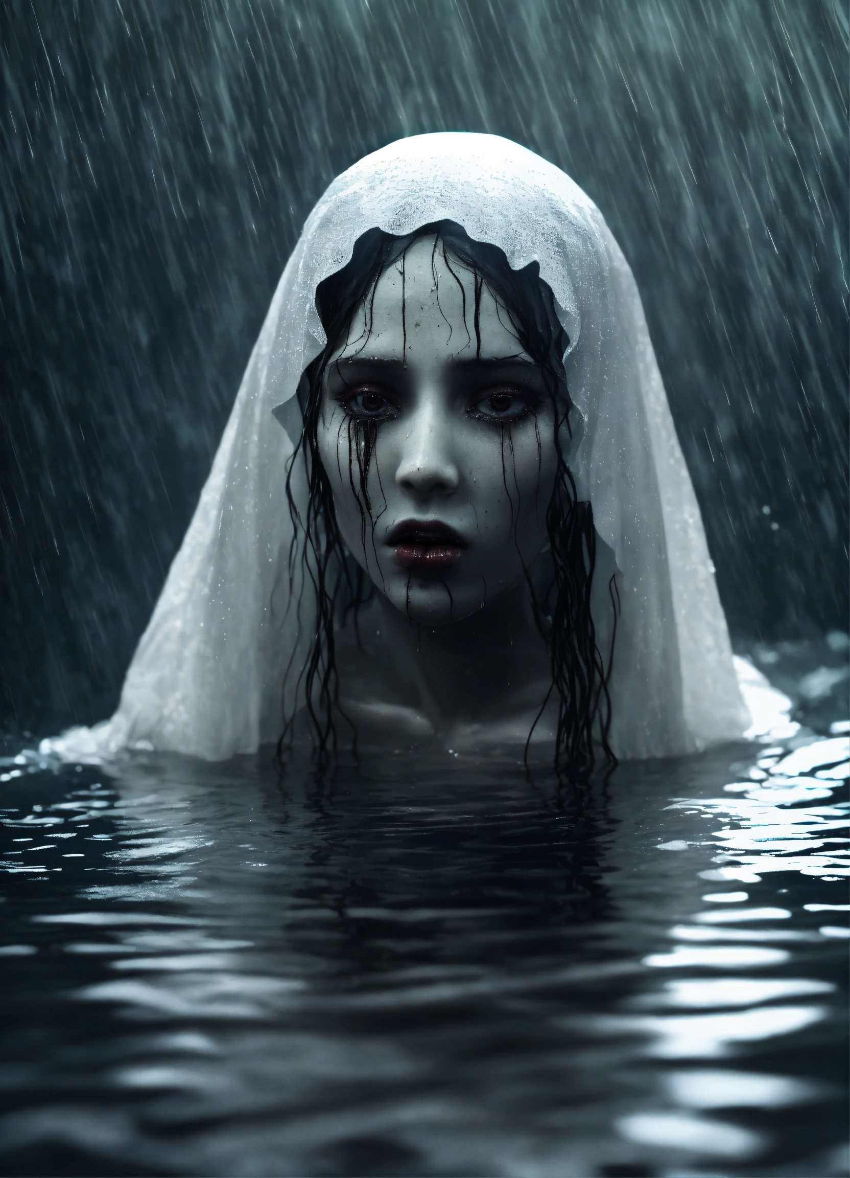 Lexica - A scary la llorona in white in water. Only the head and ...