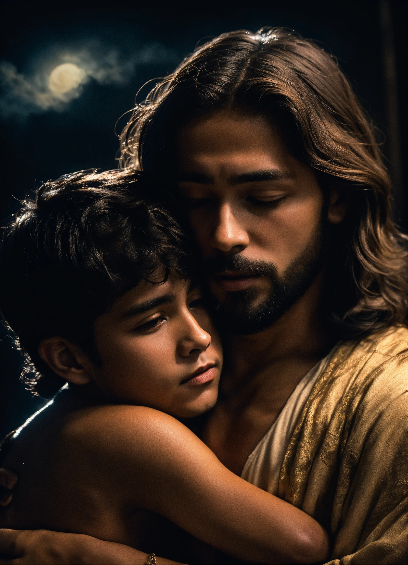 Lexica - JESUS HUGGING A HISPANIC BOY 8K. SURROUNDED BY DARKNESS.
