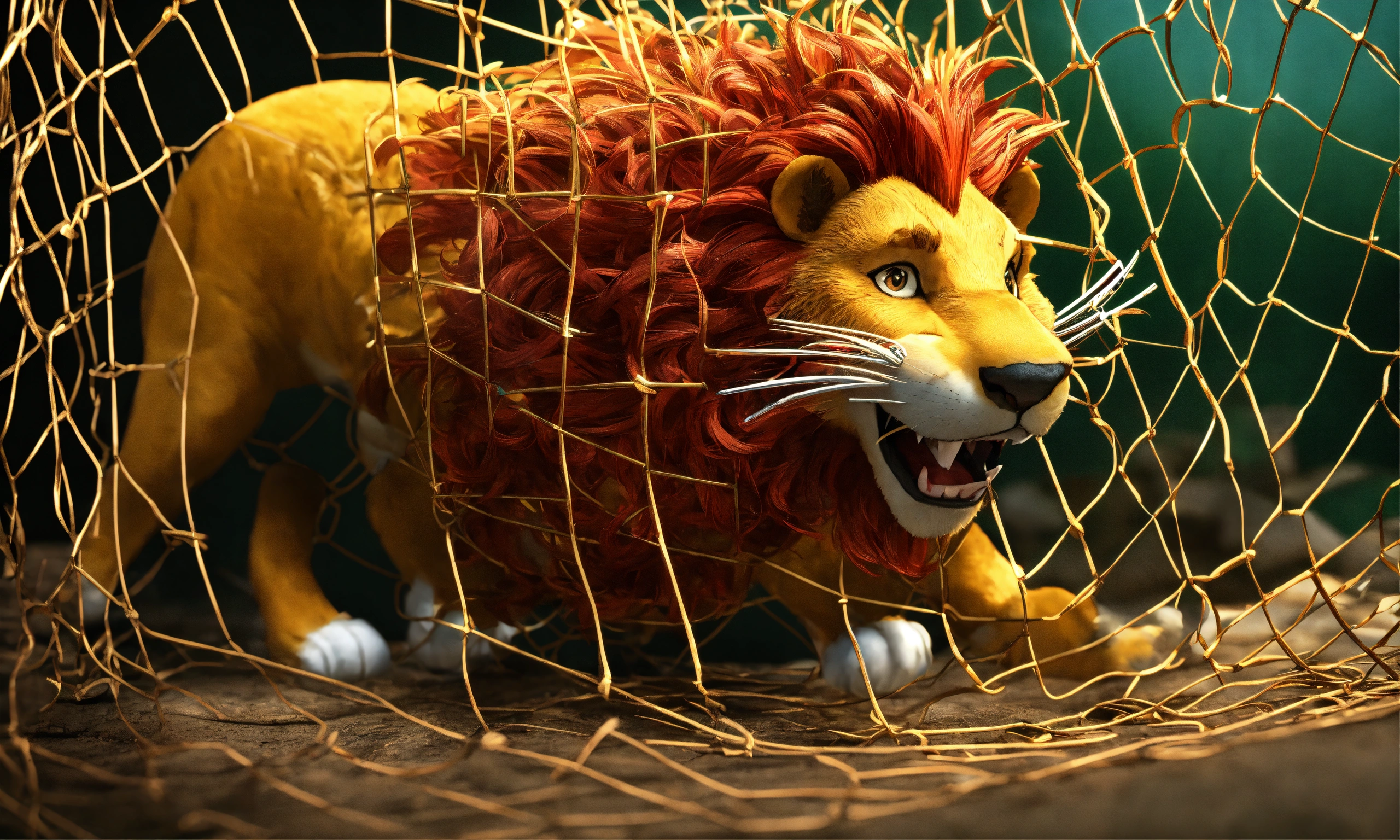 Lexica - Cartoon 3d big lion was captured and trapped in a net and with ...