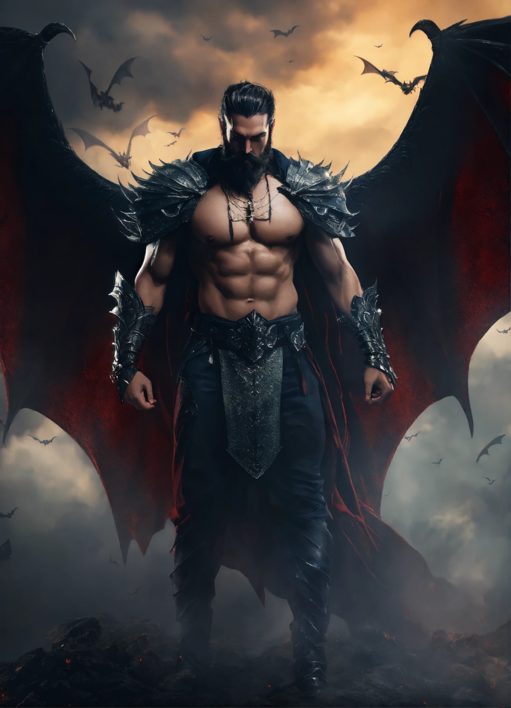Lexica - Full body strong muscular evil vampire man with beard entangled in a dark mist spiral ...
