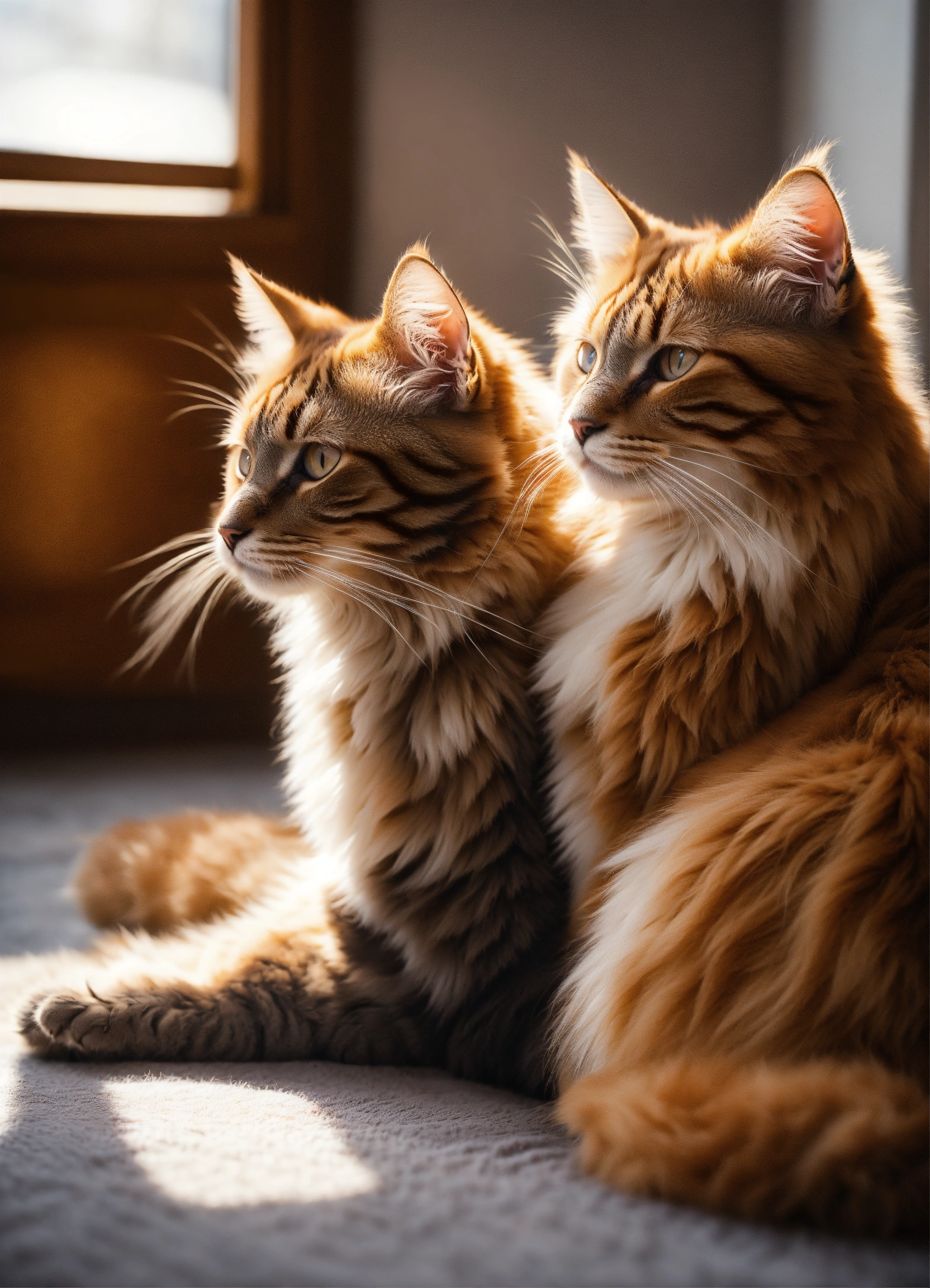Lexica - Photo of two fluffy cats, one with ginger fur and the other ...