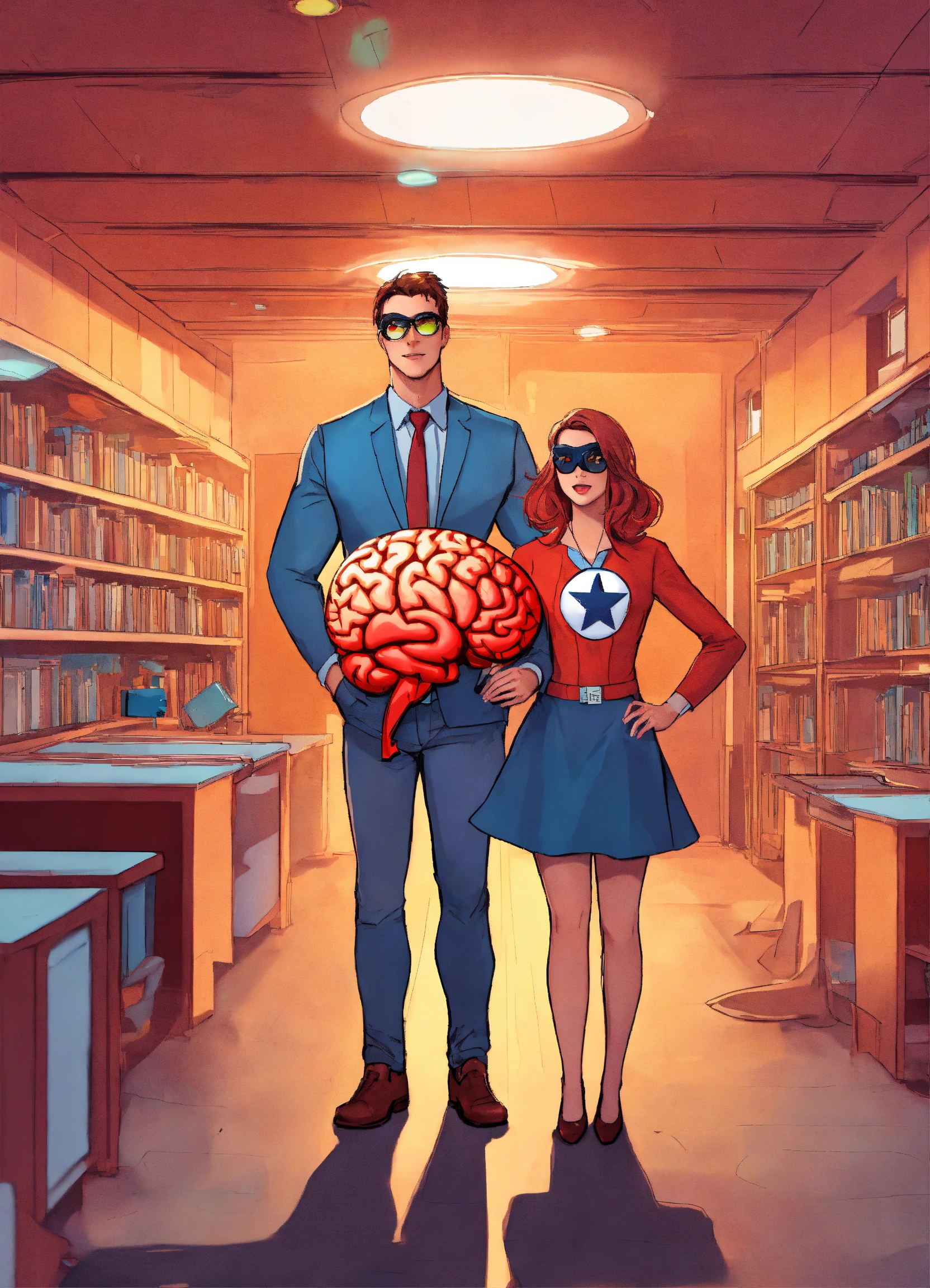 Lexica - A male and female teacher dressed as superheroes with a brain ...