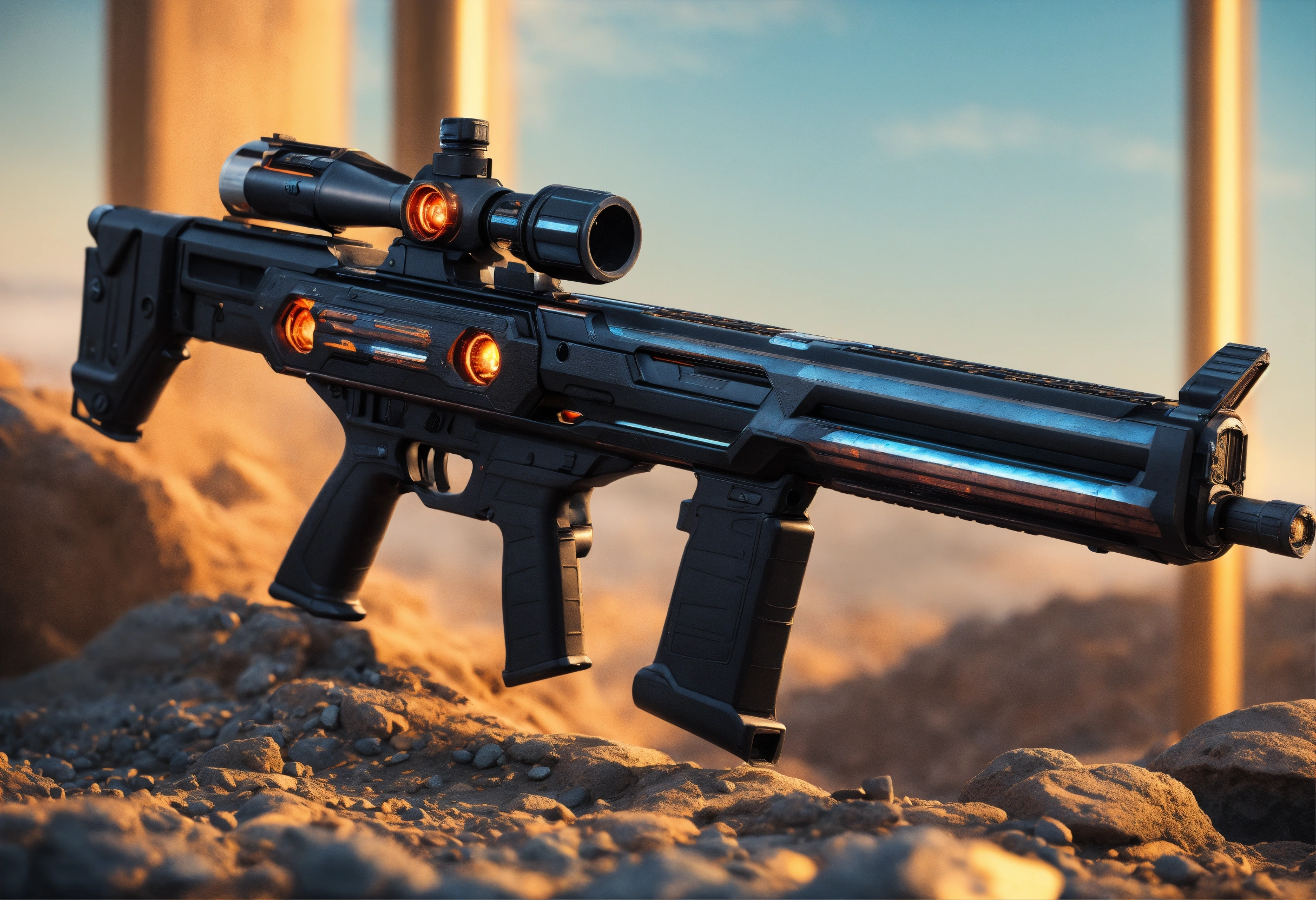 Lexica - Side view of a black sci fi energy rifle, HD, ultra detailed