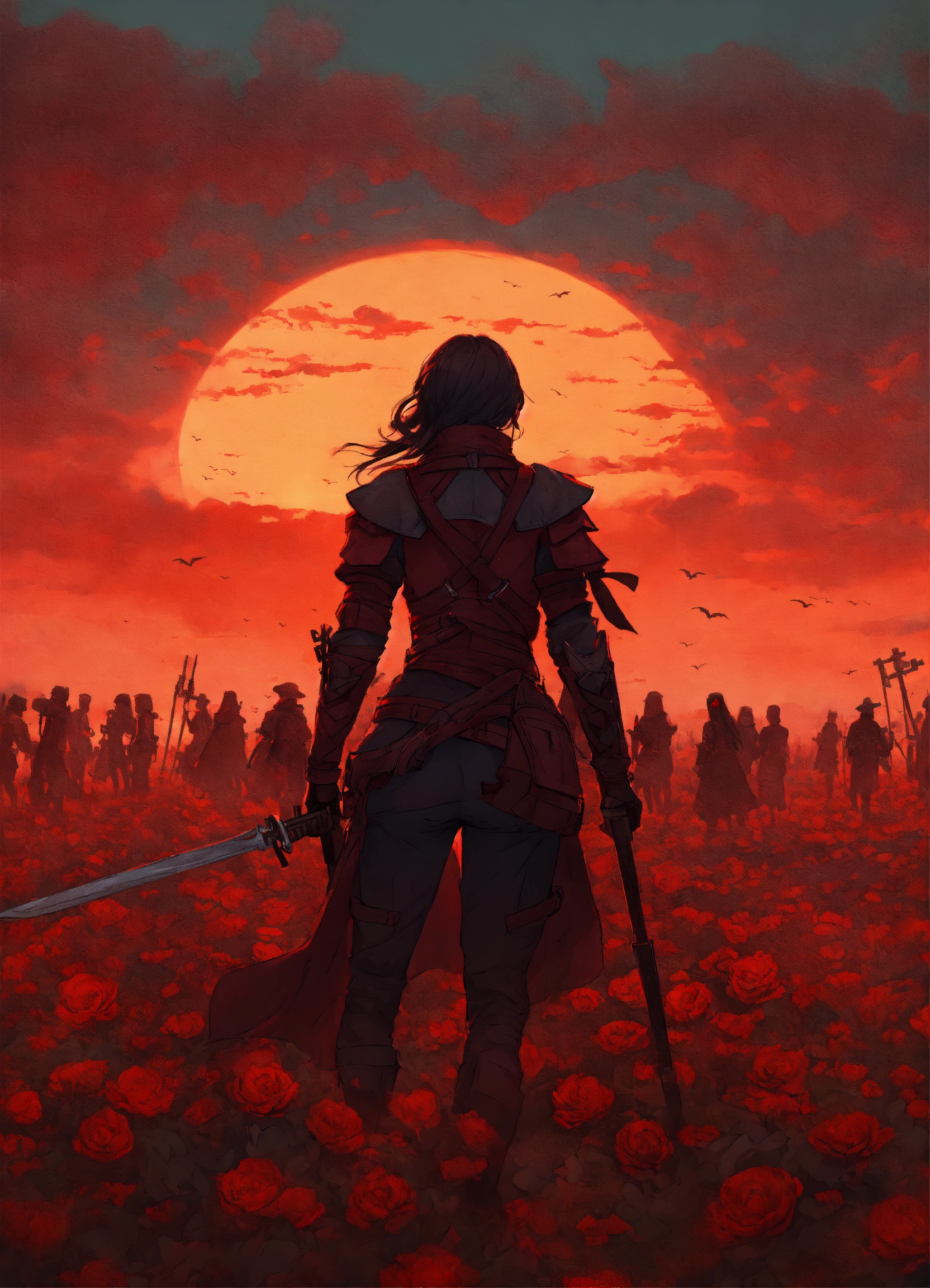 Lexica - Back view of an assassin woman on a batte field covered by ...