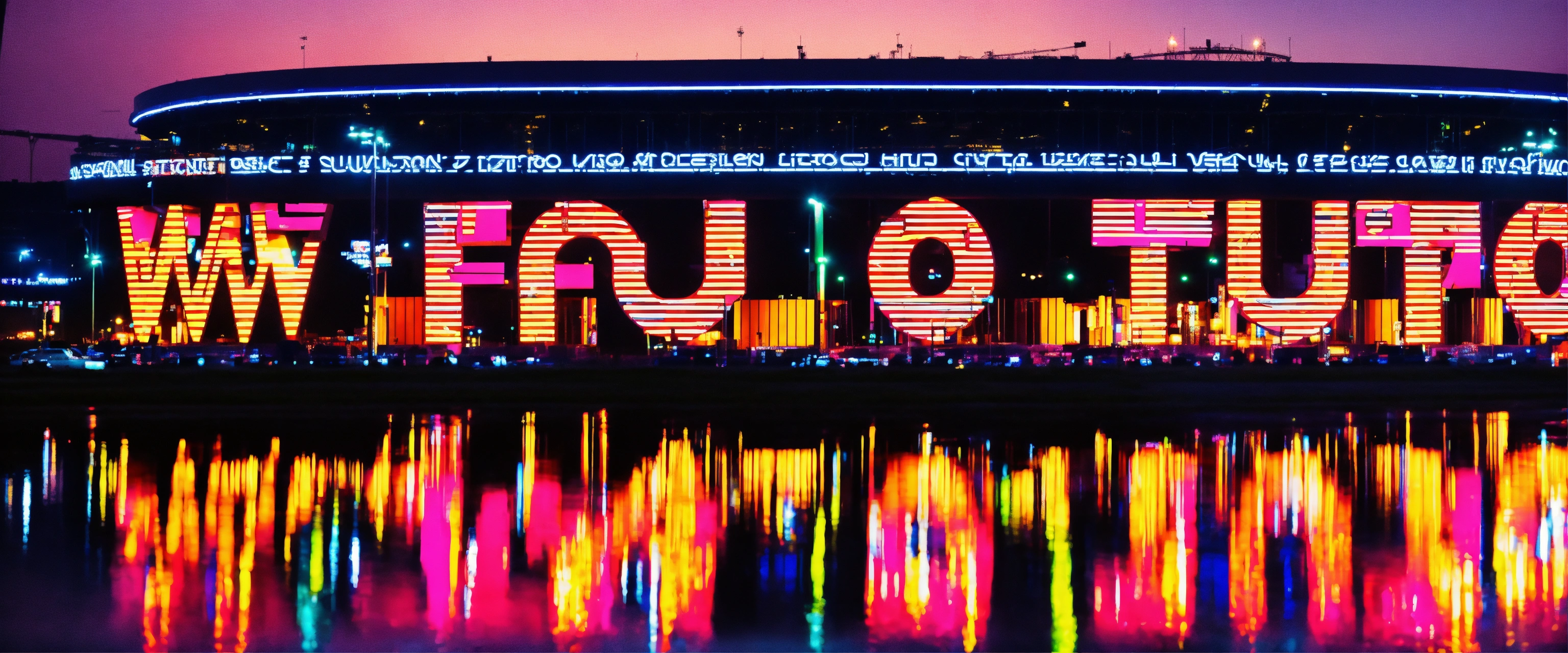 Lexica - Stadium name WOFO neon lights dubai city view big sign with ...