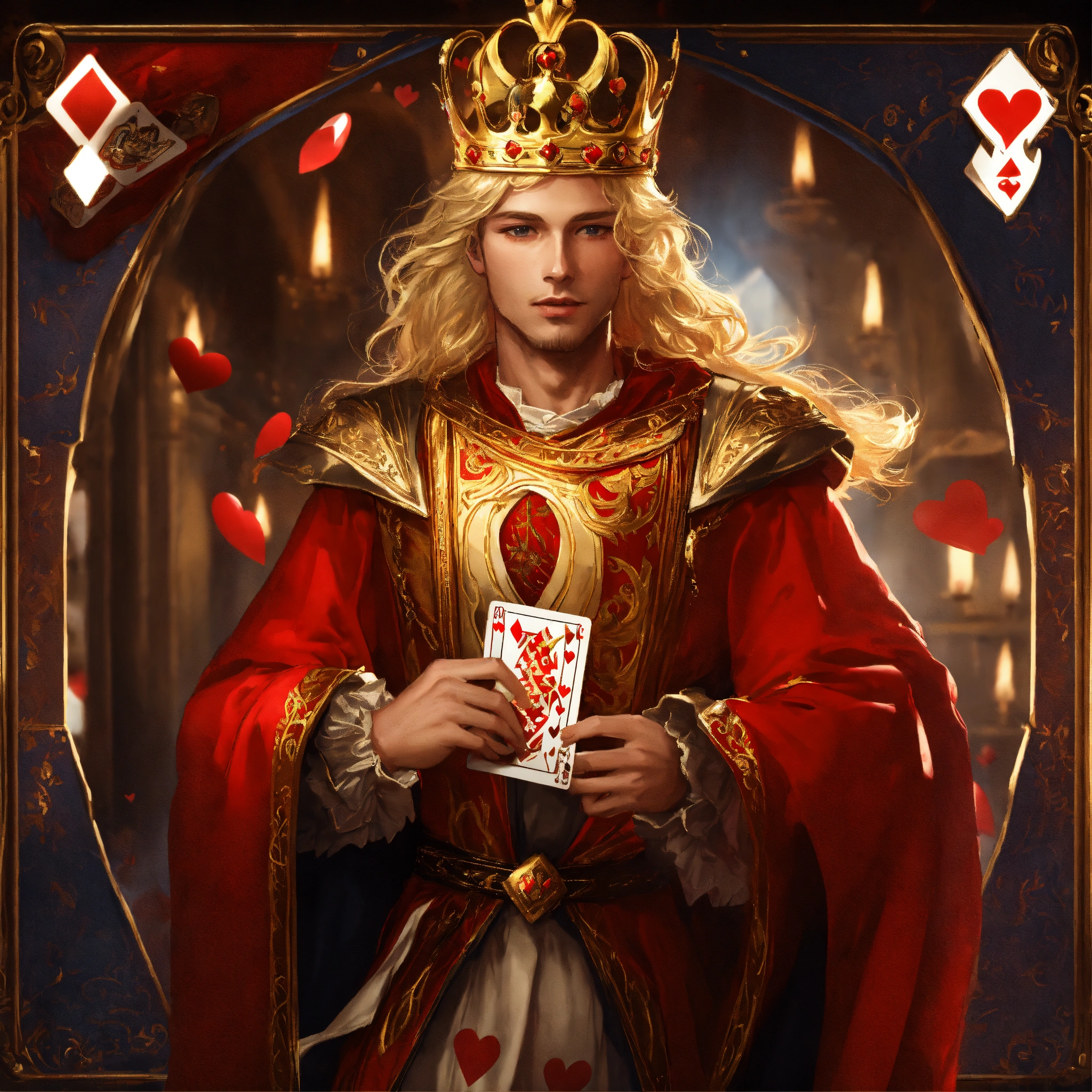 Lexica - Medieval fantasy blonde king with a fancy robe holding a deck ...