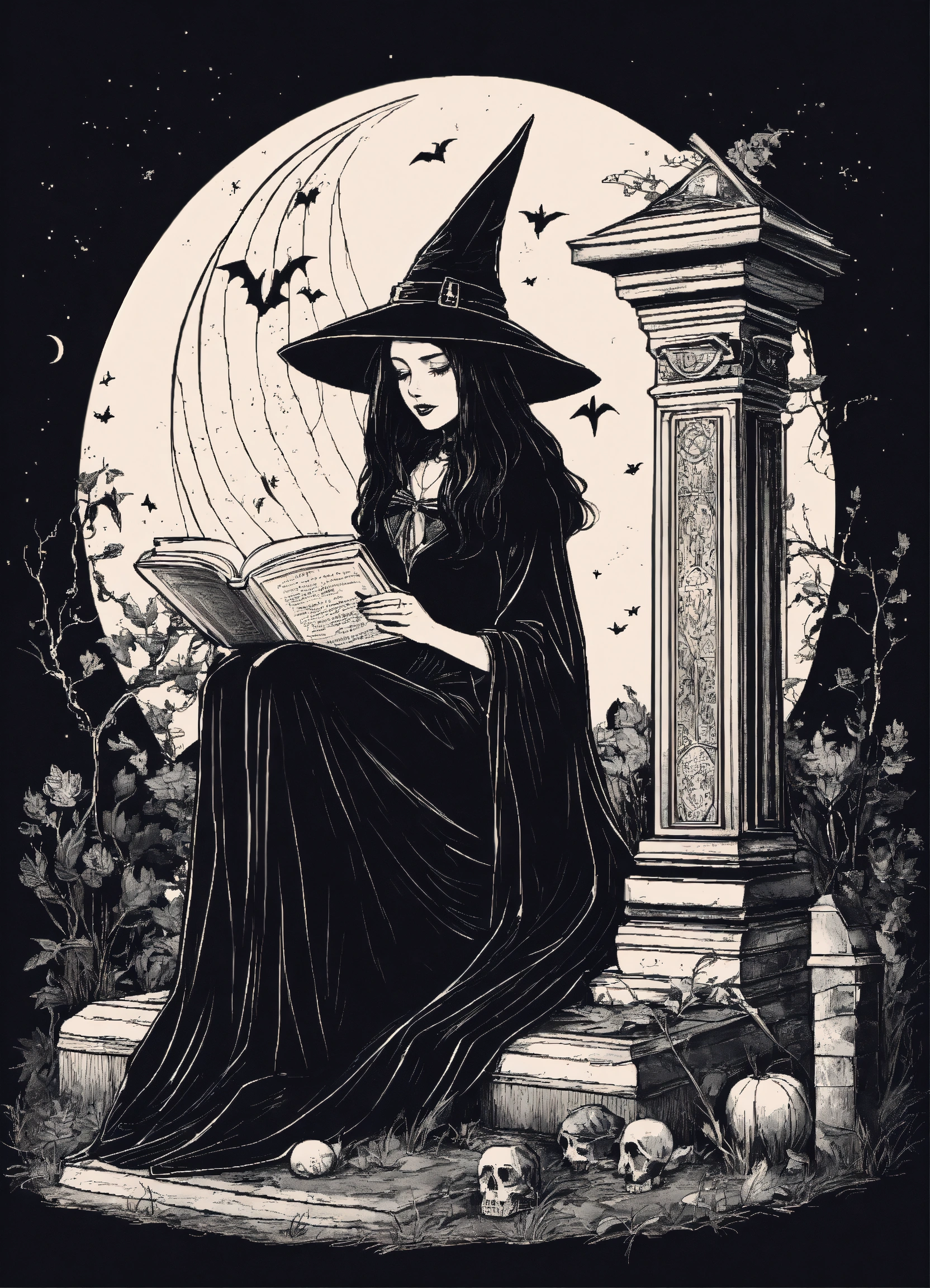 Lexica - Witch sitting on a grave reading a book, Vintage Gothic Dark ...