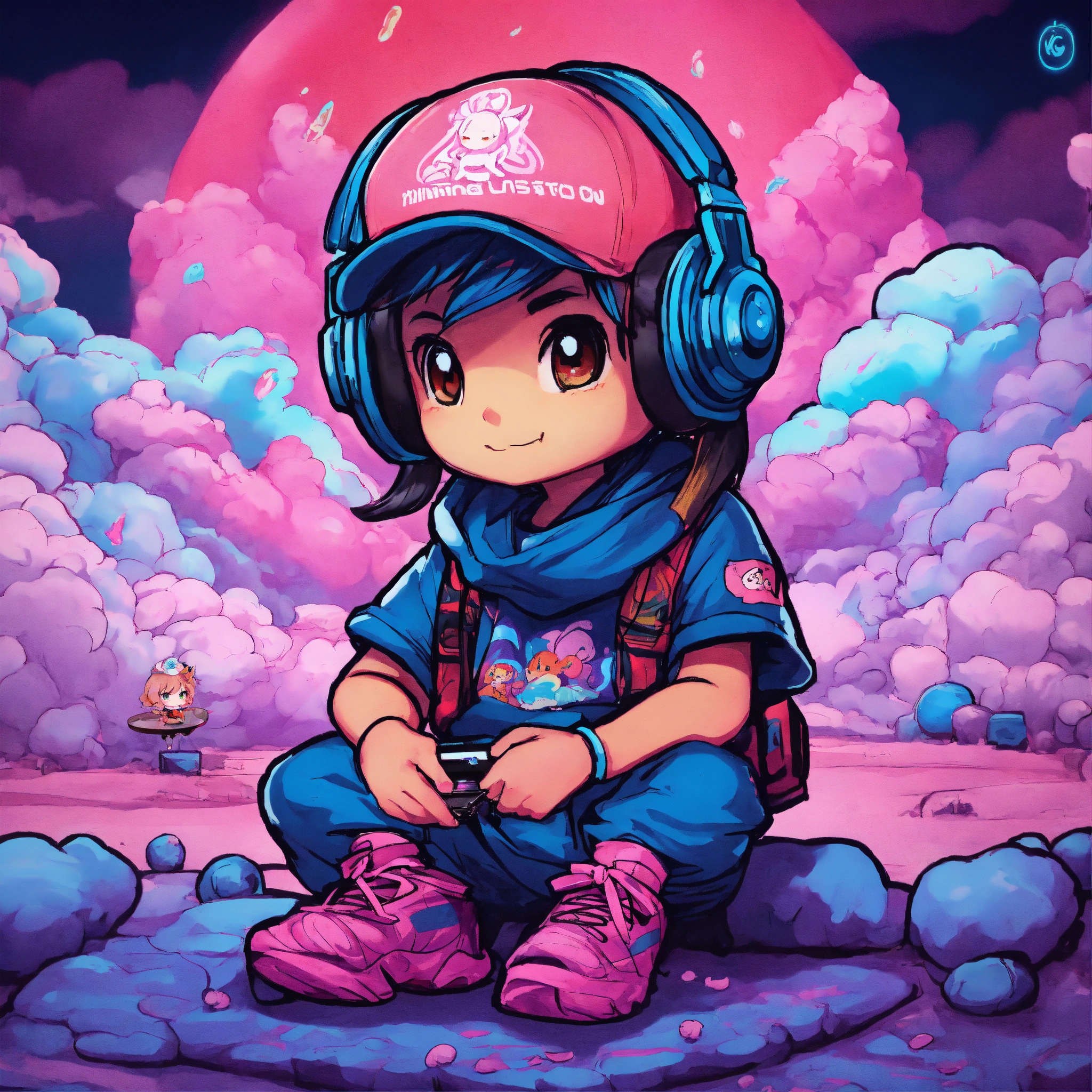 Lexica - There is a chibi gamer on a cotton candy bright neon ...
