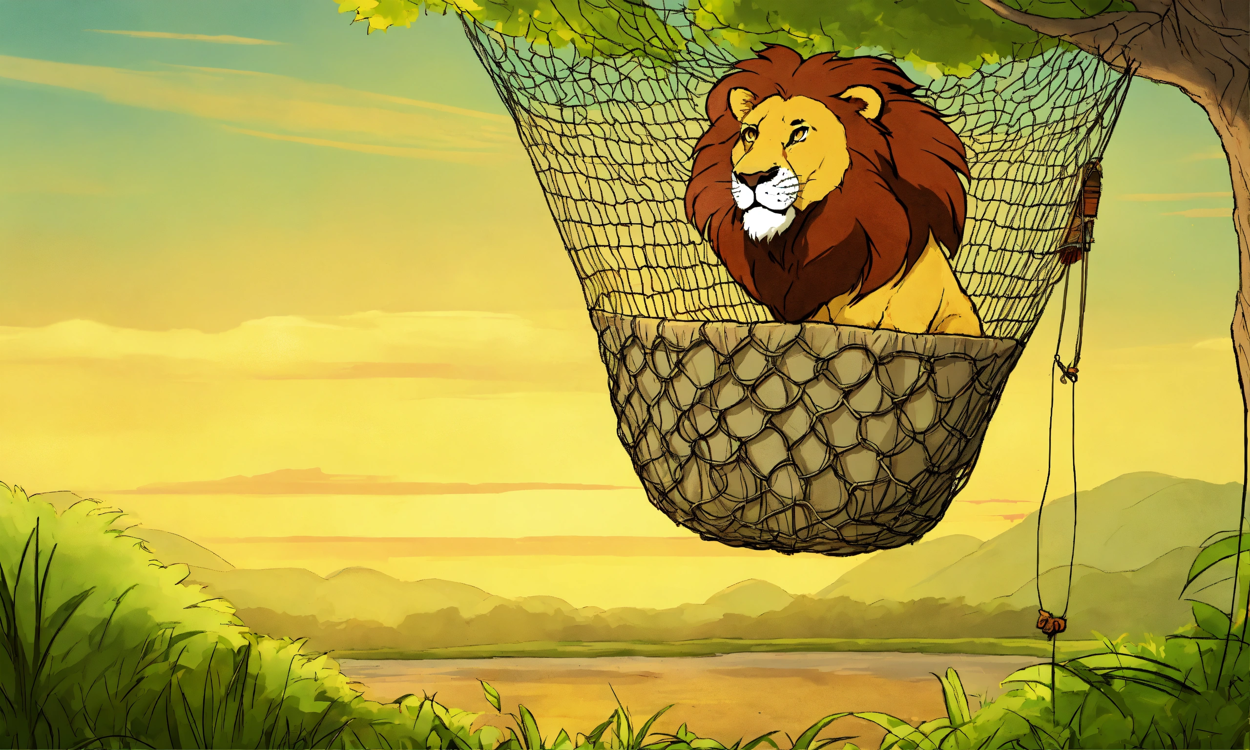 Lexica - Cartoon a net hung to tree upside down and big lion trapped in ...