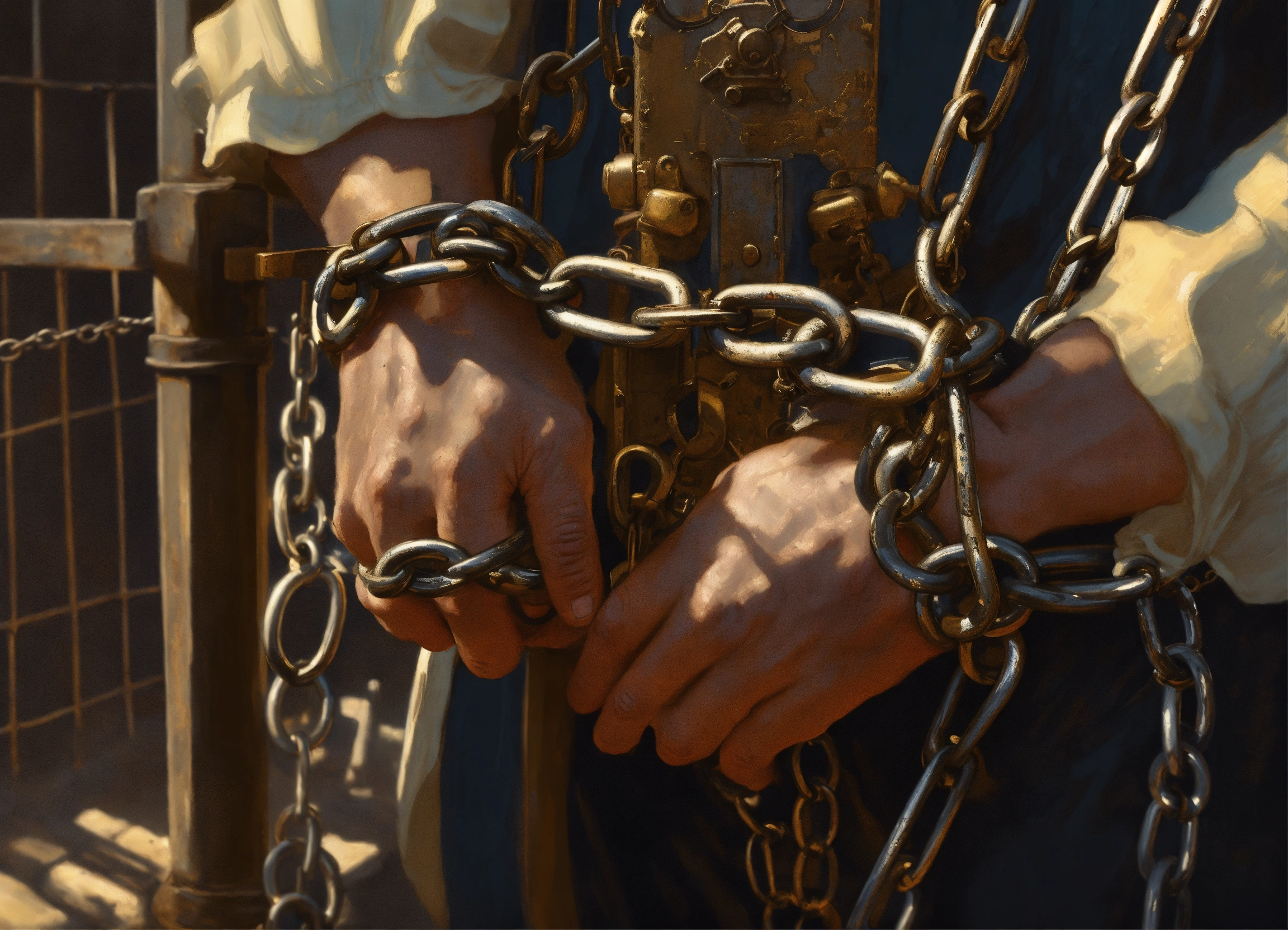 Lexica - Close Up, Chained handcuffed Pirate prisioner on a Jail, dark ...