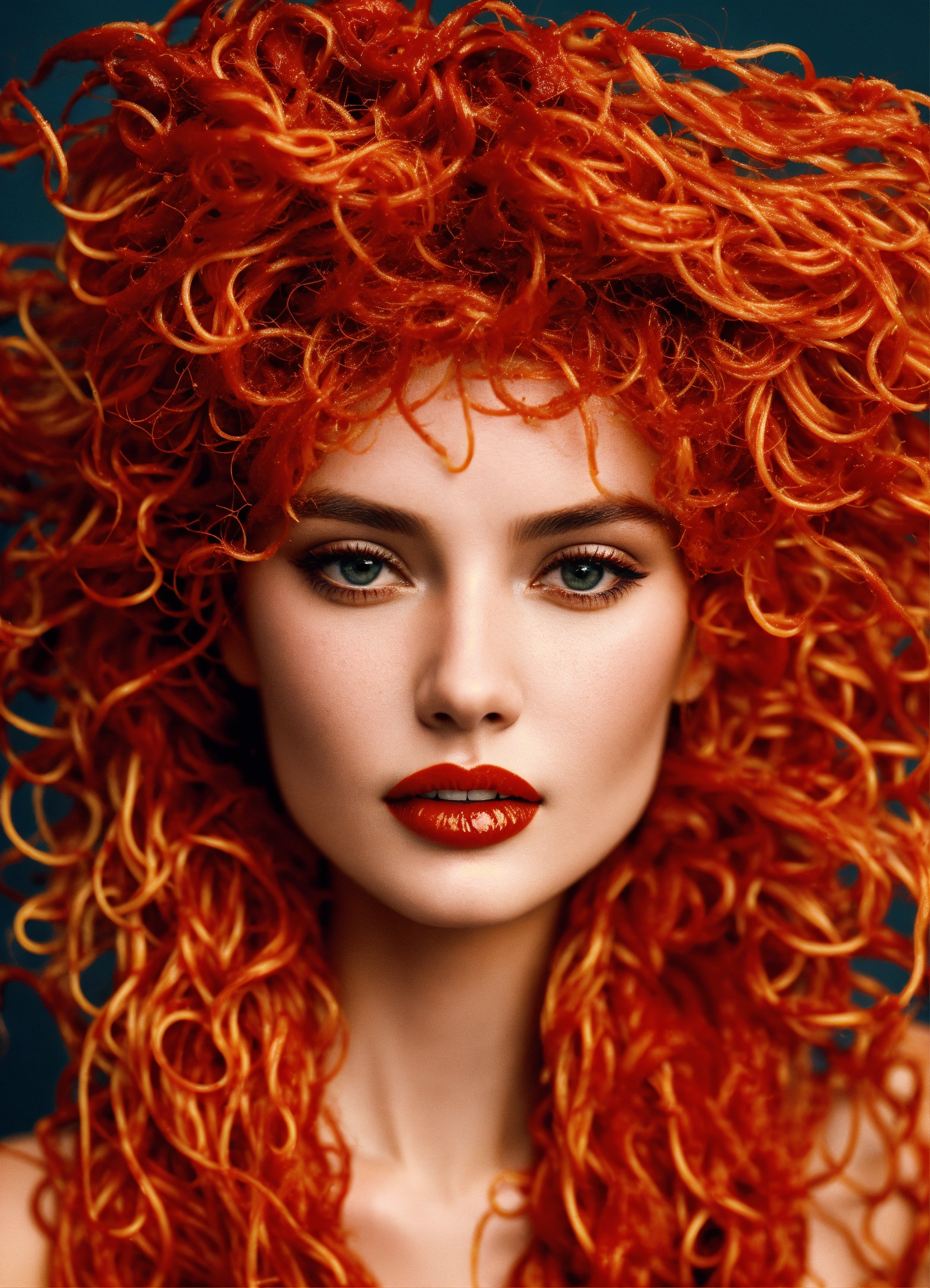 Lexica - Supermodel with red sauce spaghetti hair, cover of vogue