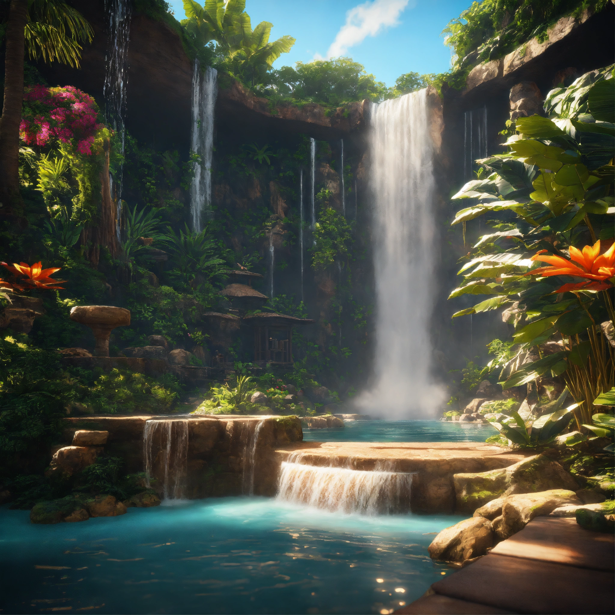 Lexica - Beautiful tropical garden, with magical teired waterfall ...