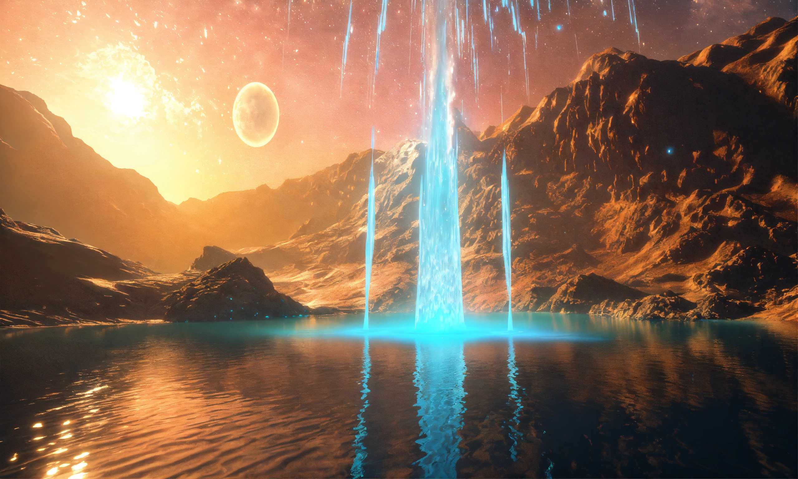 Lexica - Two ethereal water angel, mountain nebula, sun backgound ...