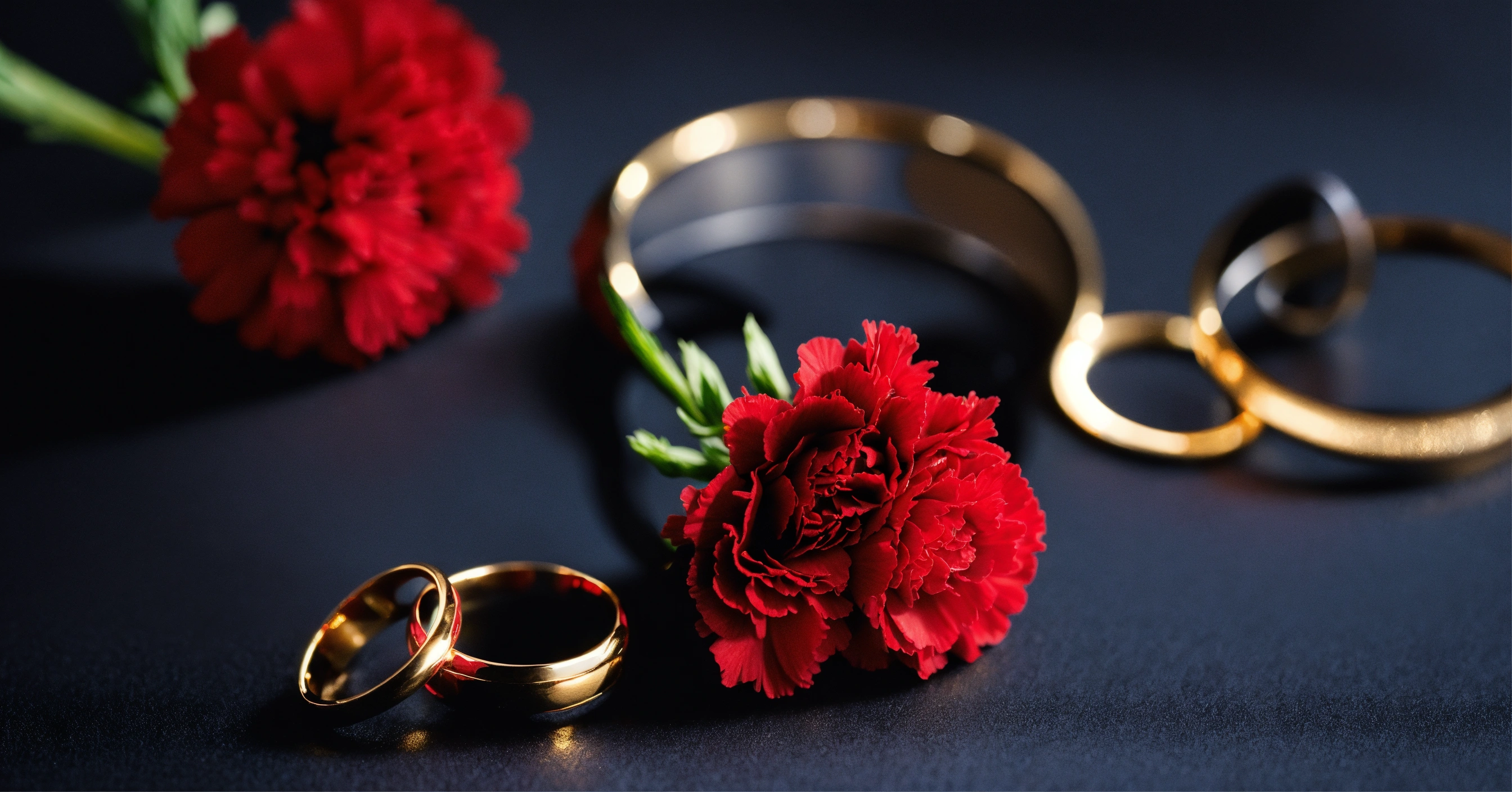 Lexica - Black background, red carnations, two golden rings, men style rings, lover, romantic