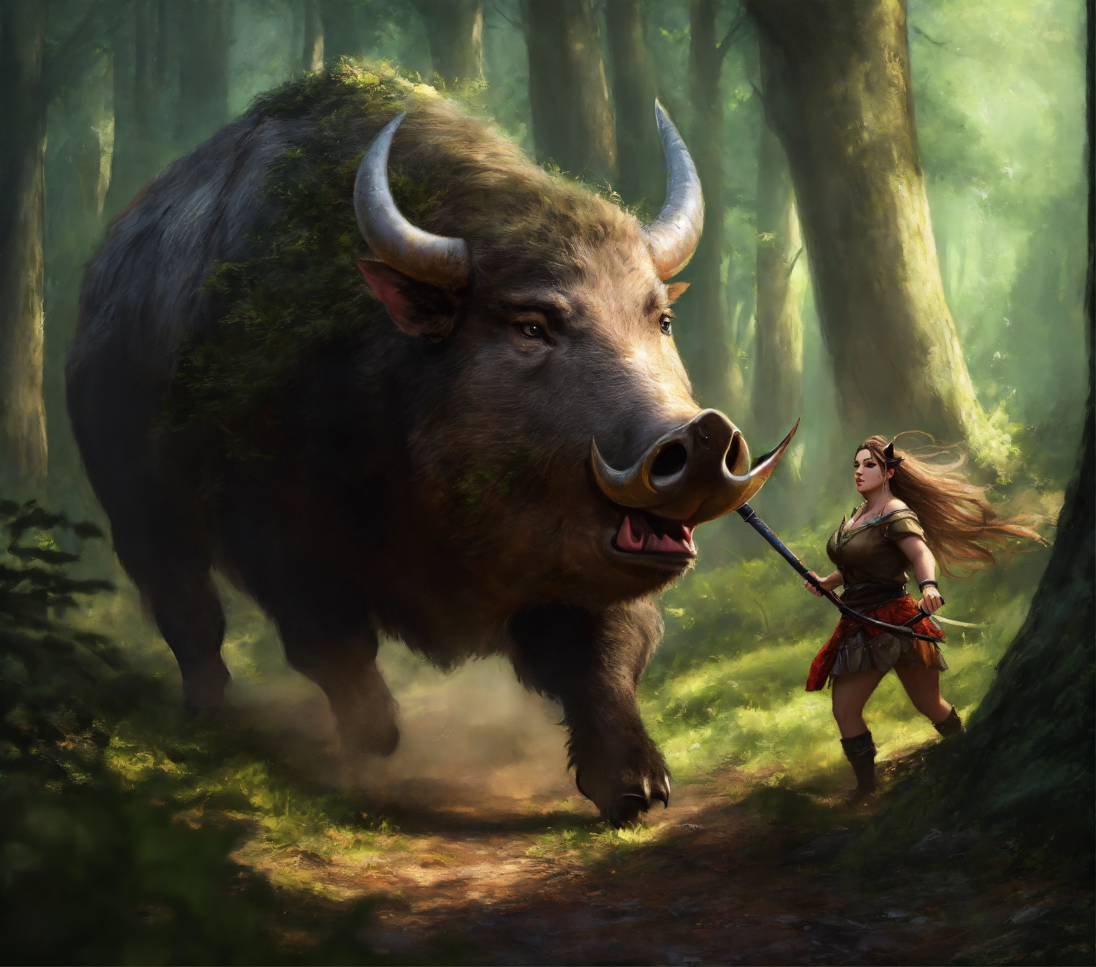 Lexica - Ogre female with horned wild boar, charging in wild forest ...