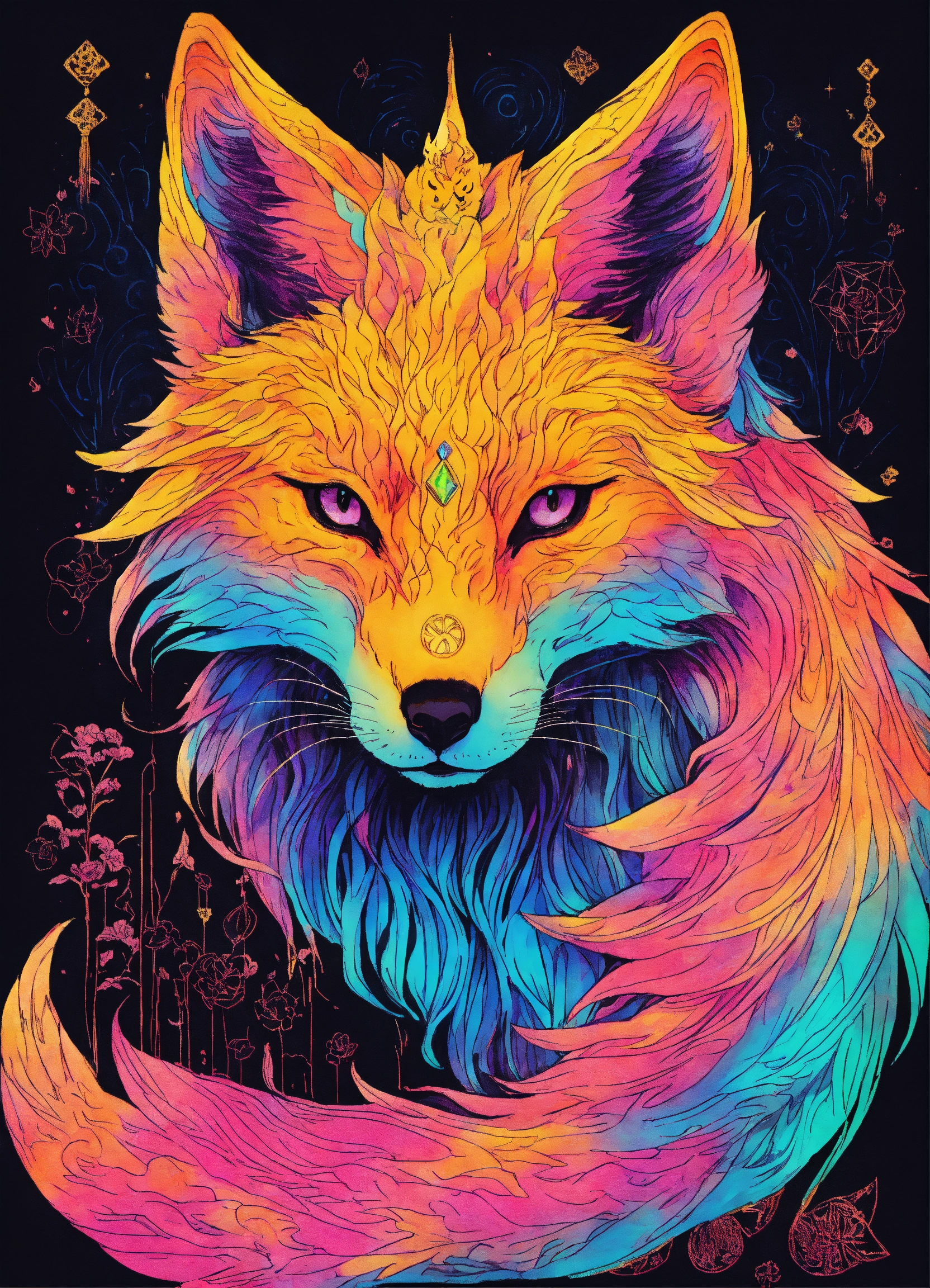Lexica - INK DRAWING MYSTICAL and magical Kitsune in fluo colour blend ...