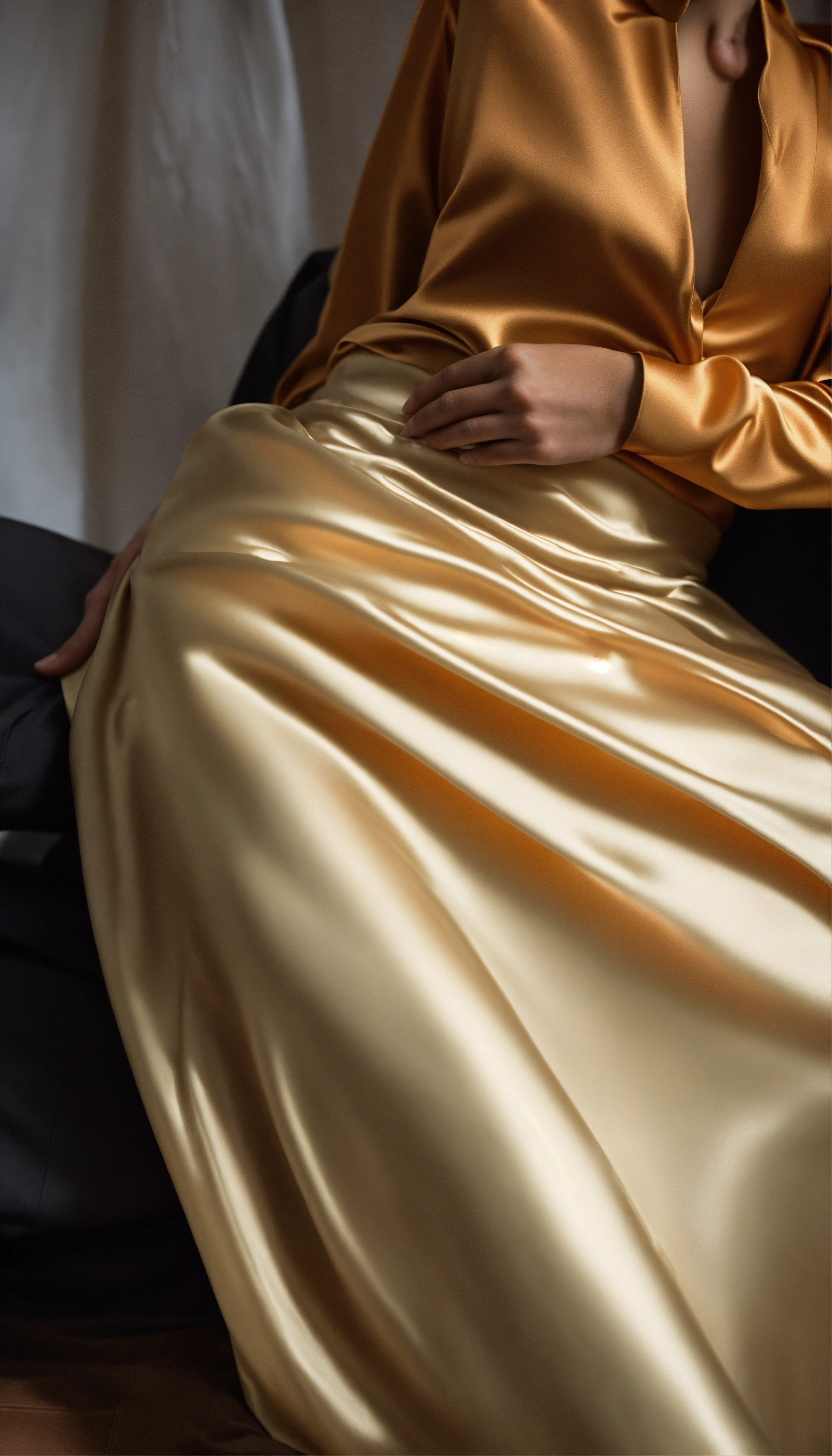 Lexica - Long black clingy figure hugging satin skirt sitting down. In ...