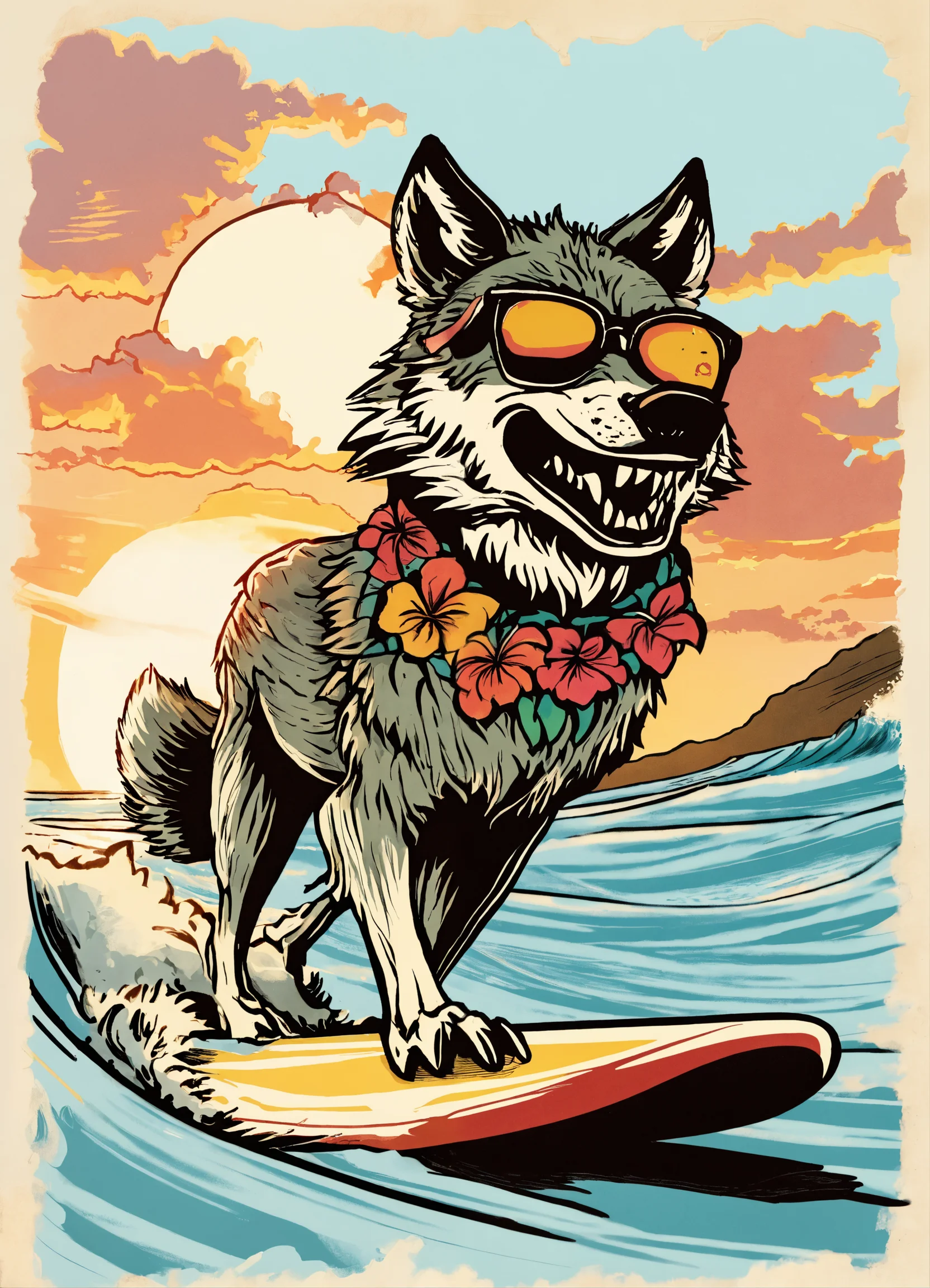 Lexica - A wolf surfing on a beach in Hawaii, at sunset. The wolf is ...