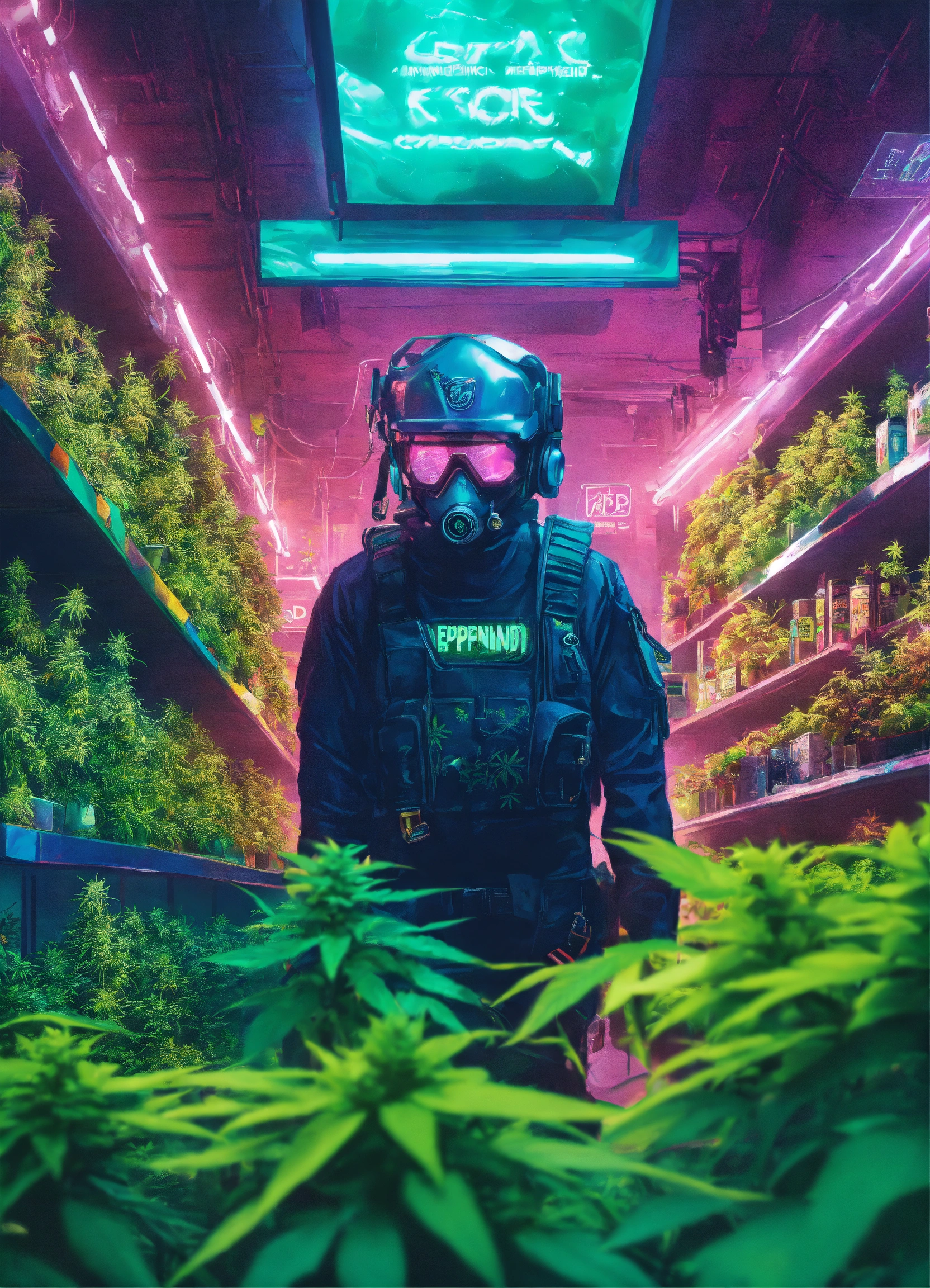 Lexica - Cyberpunk advertising poster of store surrounded by cannabis ...