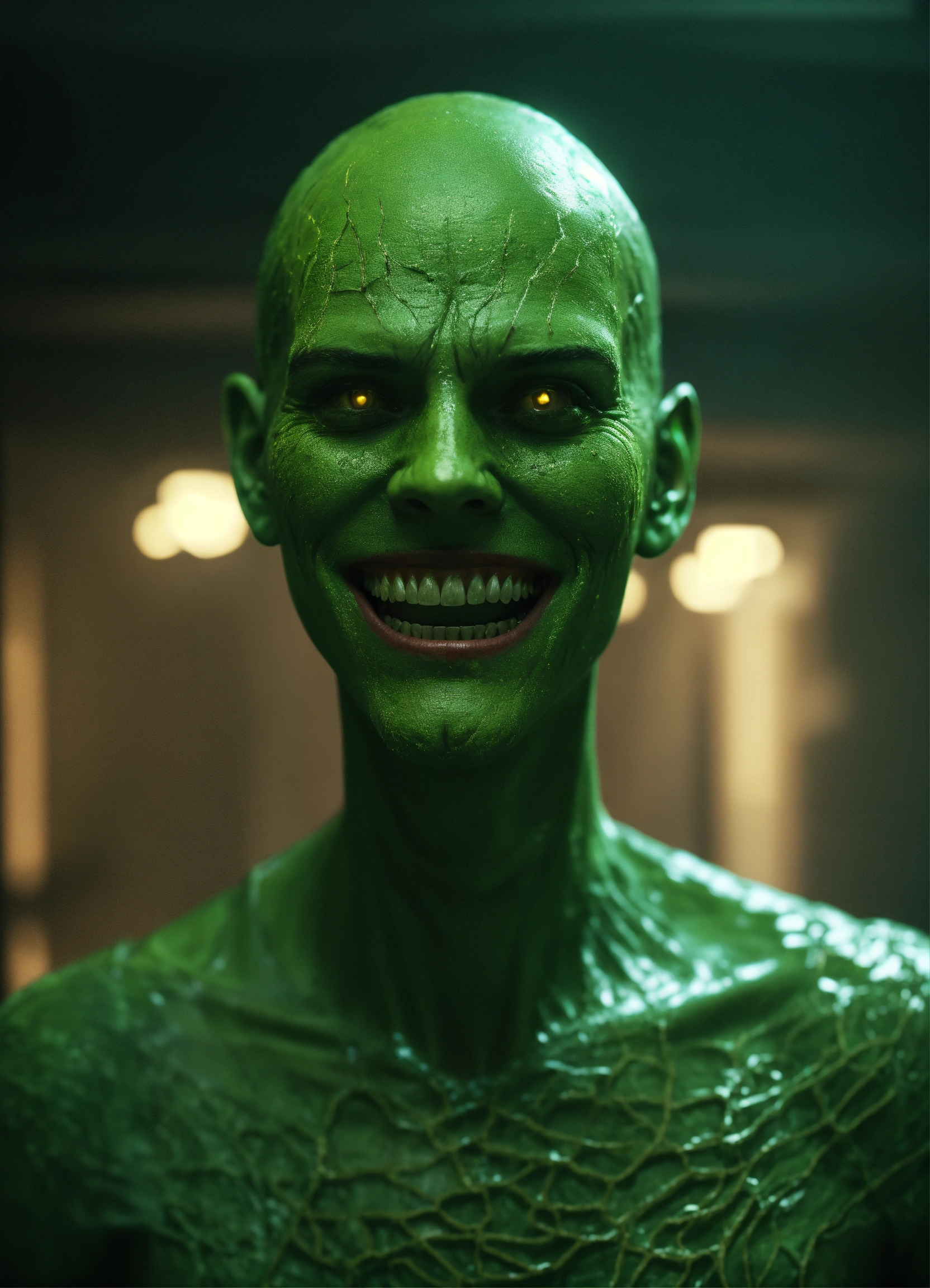 Lexica - Green skin Man standing in a dark room, smiling sadistically ...