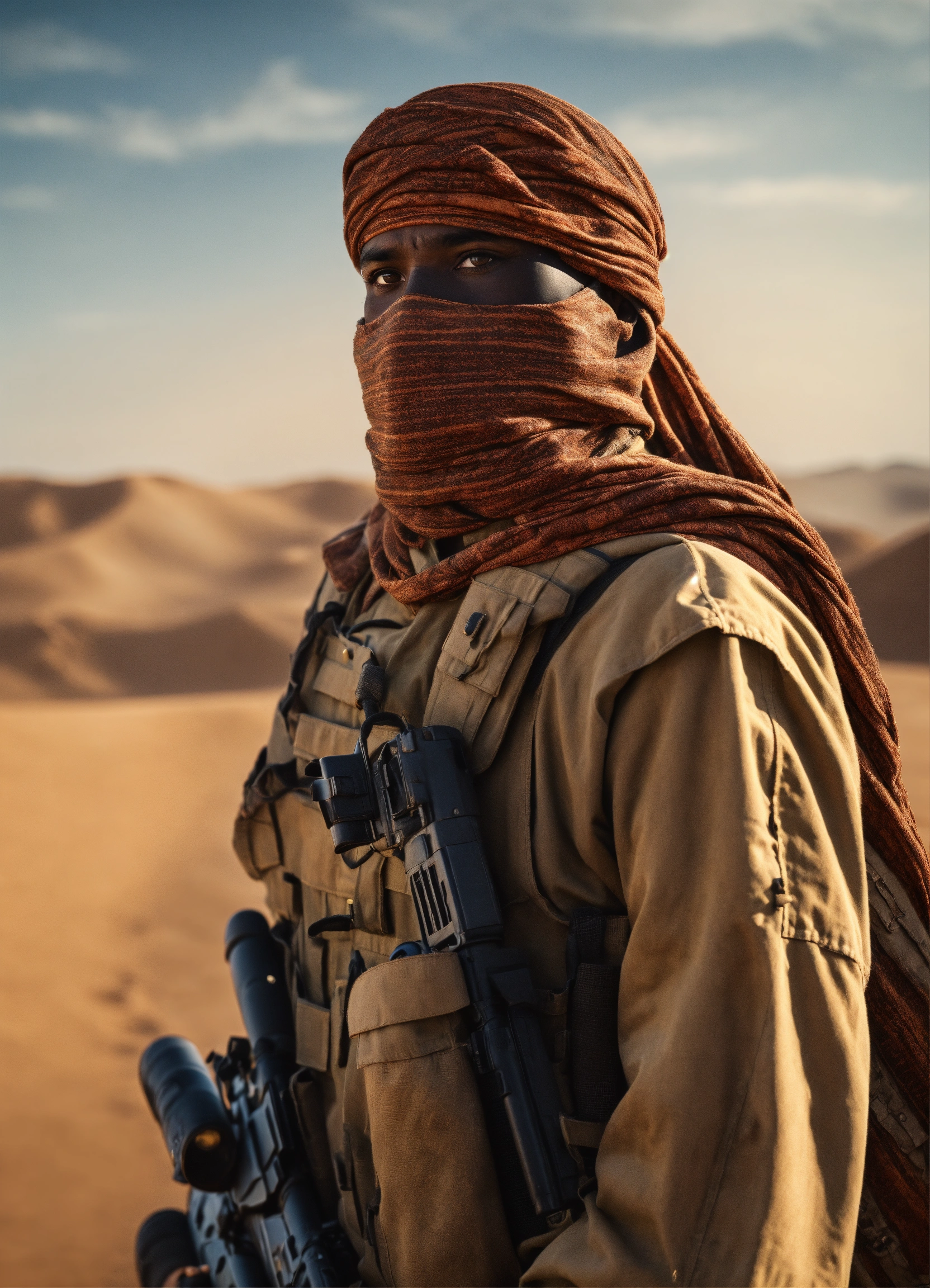 Lexica - Desert, terrorist, masked african, war background, scarfaced ...