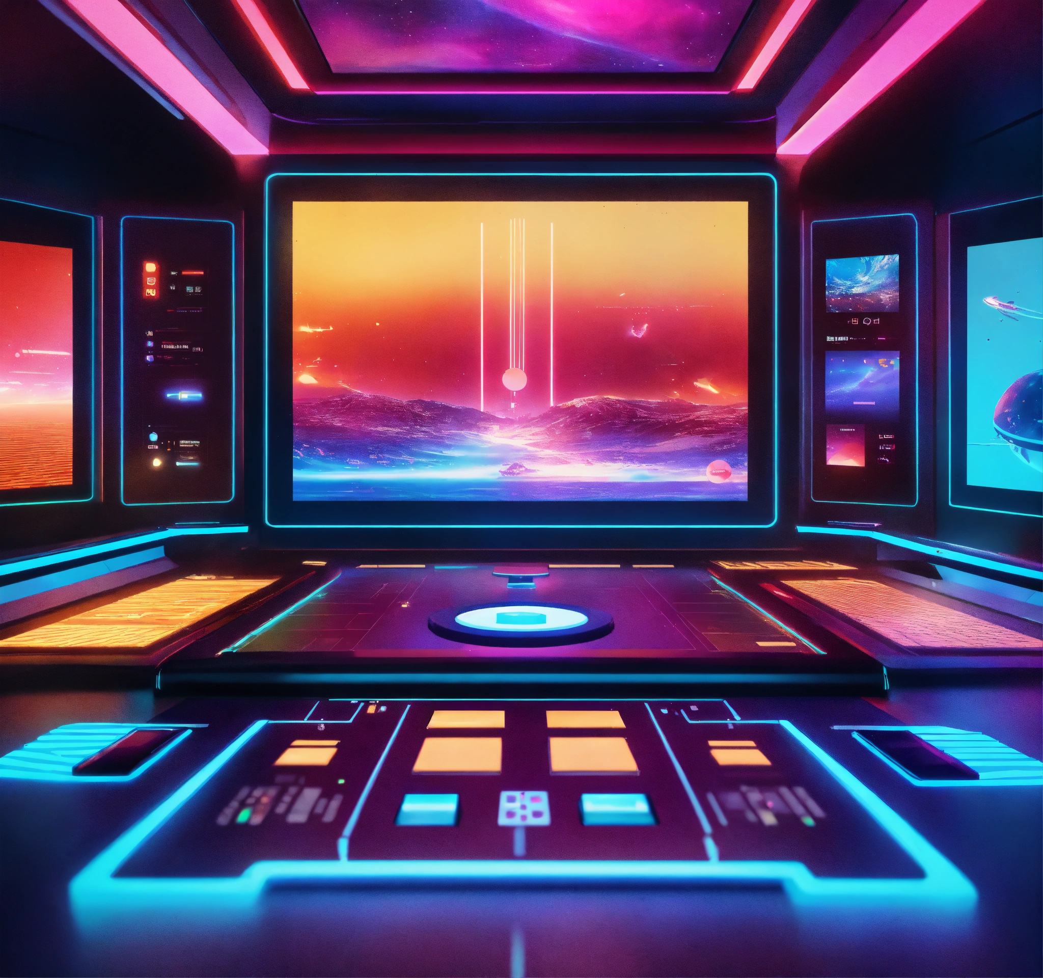 Lexica - Close up of 1 big screen in the center of a bunch of big ...