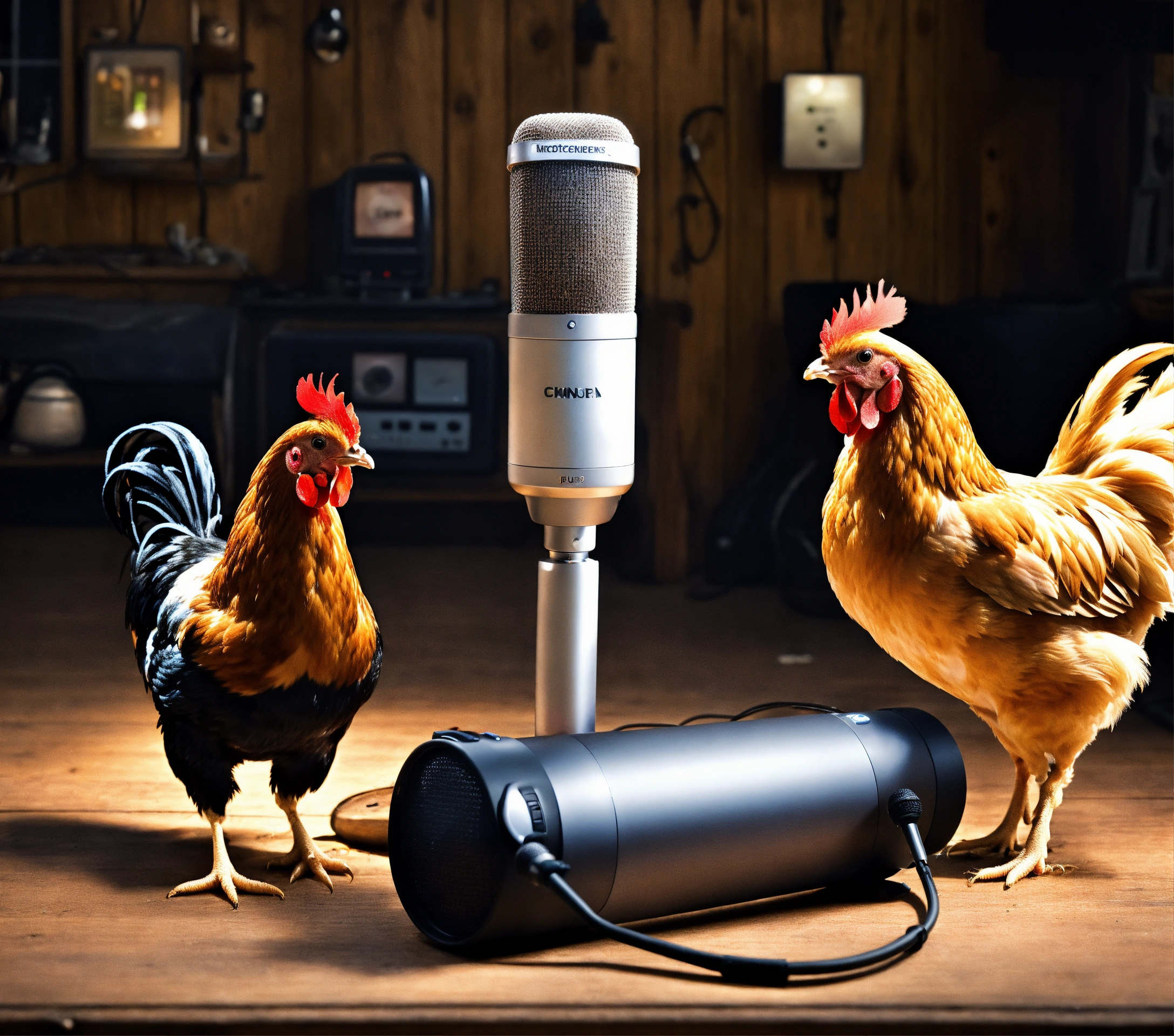 Lexica - Extremely photorealistic picture of chickens and a microphone ...
