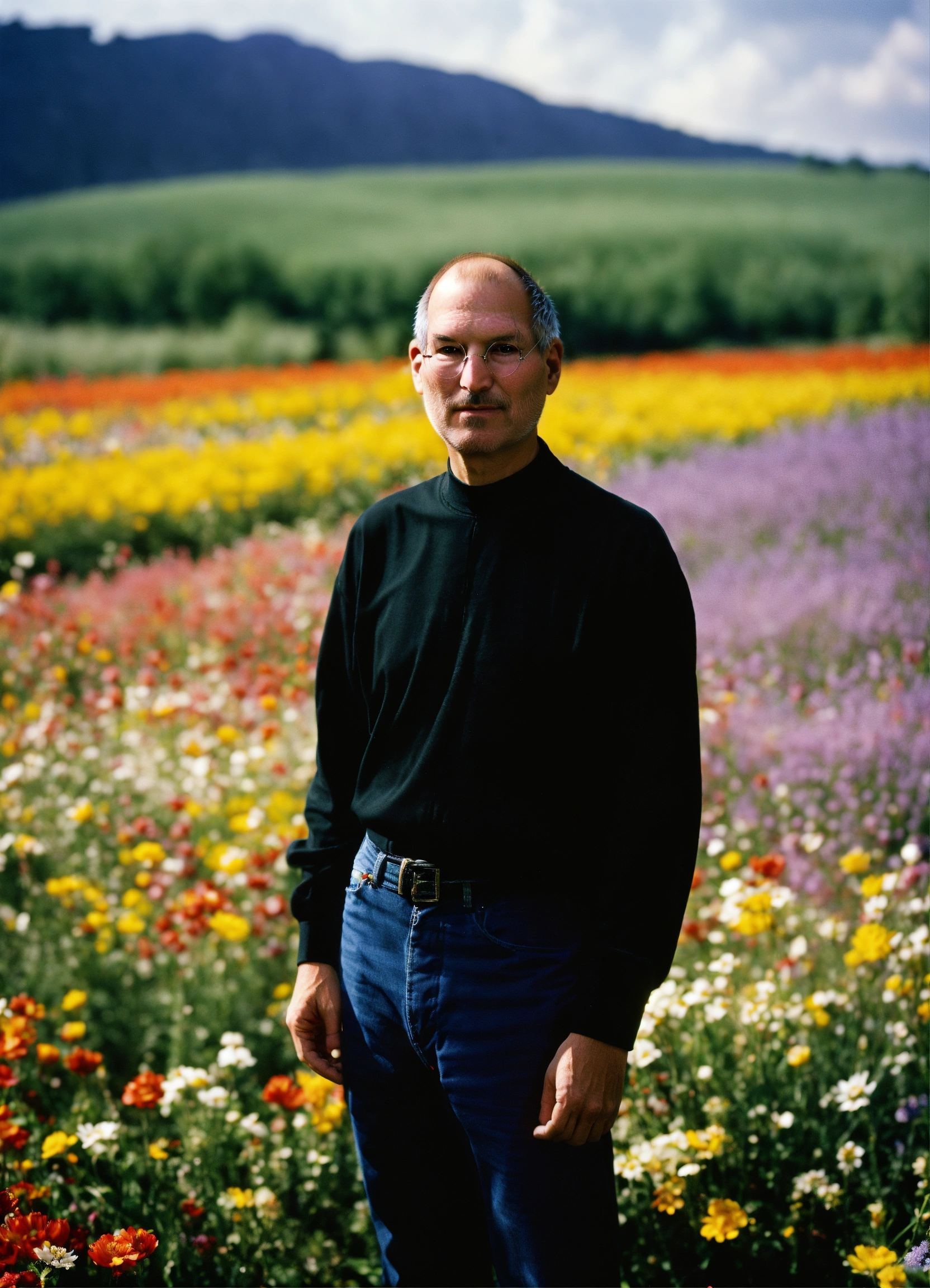 Lexica - Happy Steve Jobs standing in a beautiful field of flowers ...