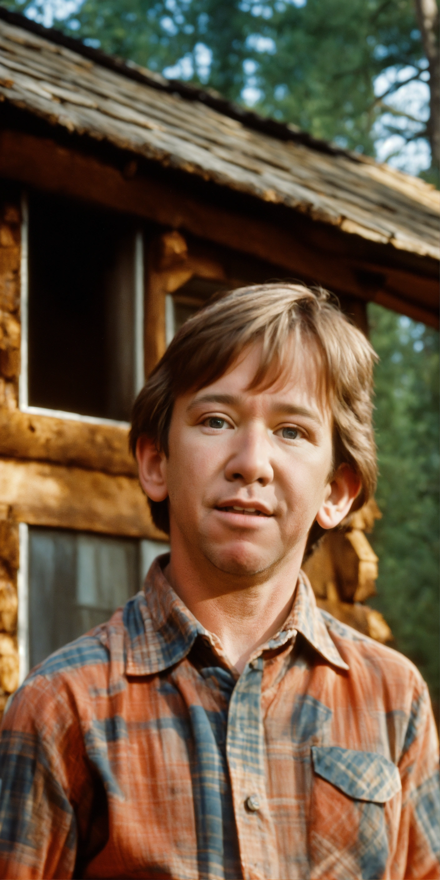 Lexica - Tim allen as a young kid, looking at creepy looking cabin