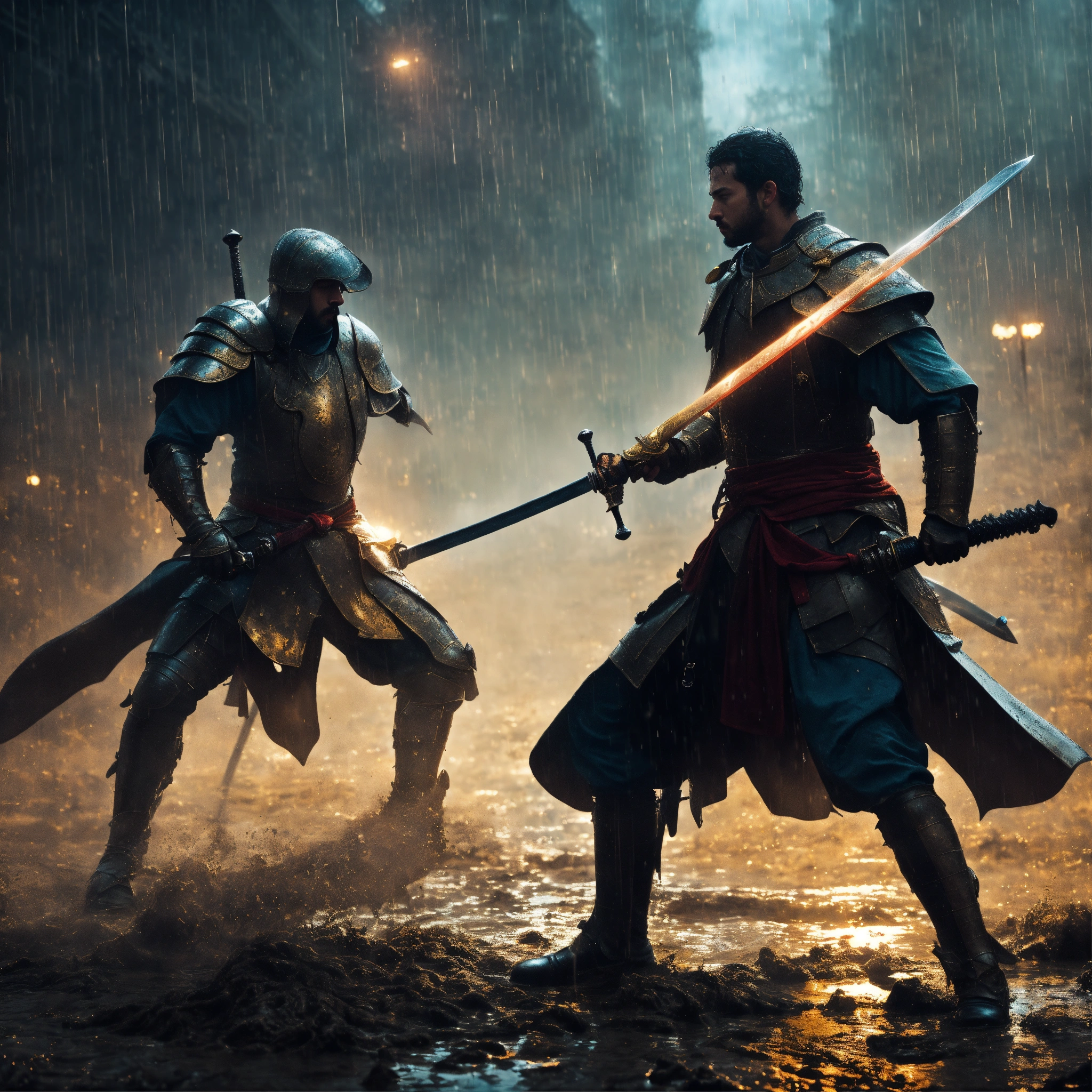 Lexica - Two futuristic noblemen duel with swords in the rain and mud