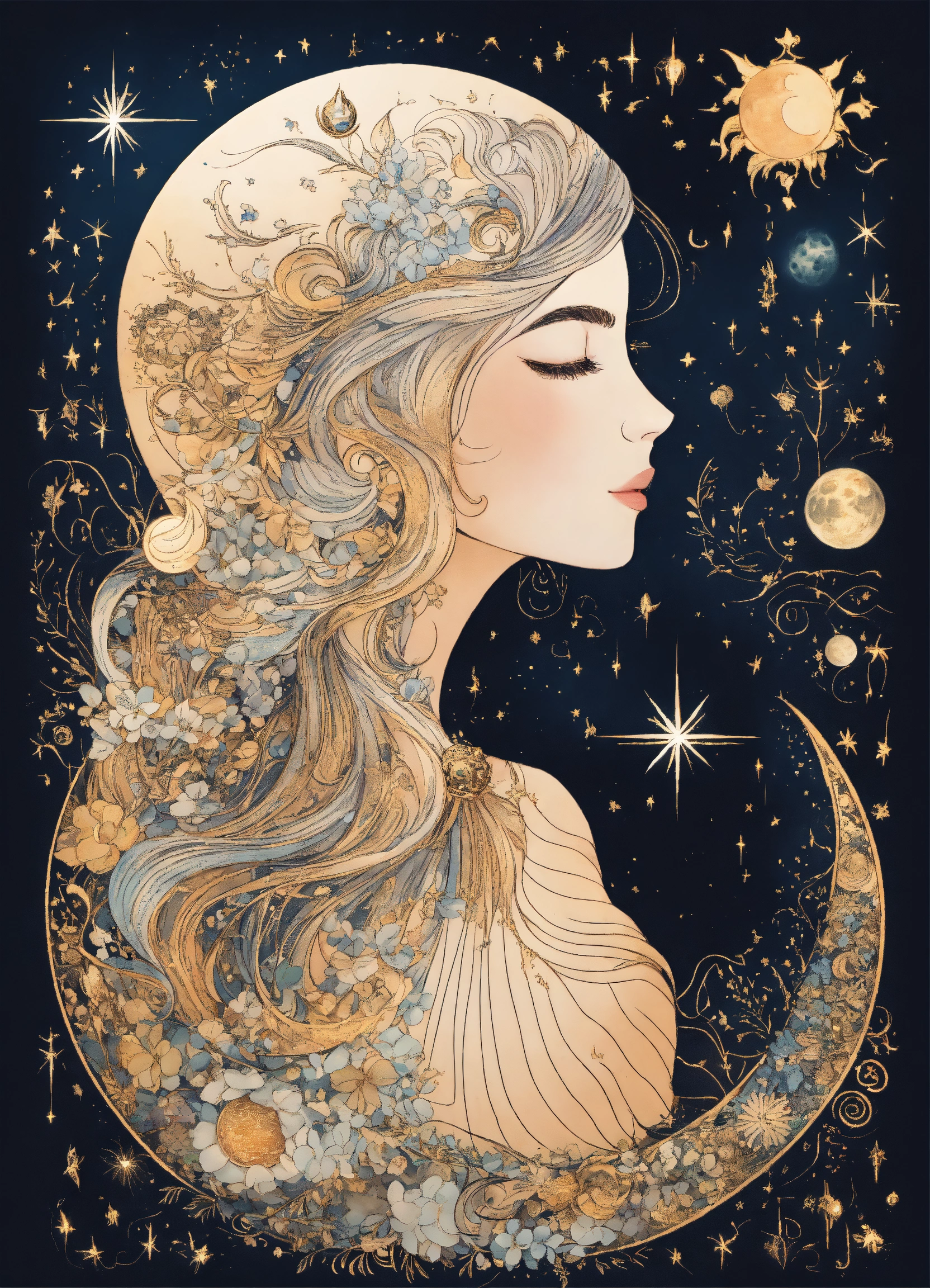 Lexica - Line art whimsical moon with glimmering illustrations and ...