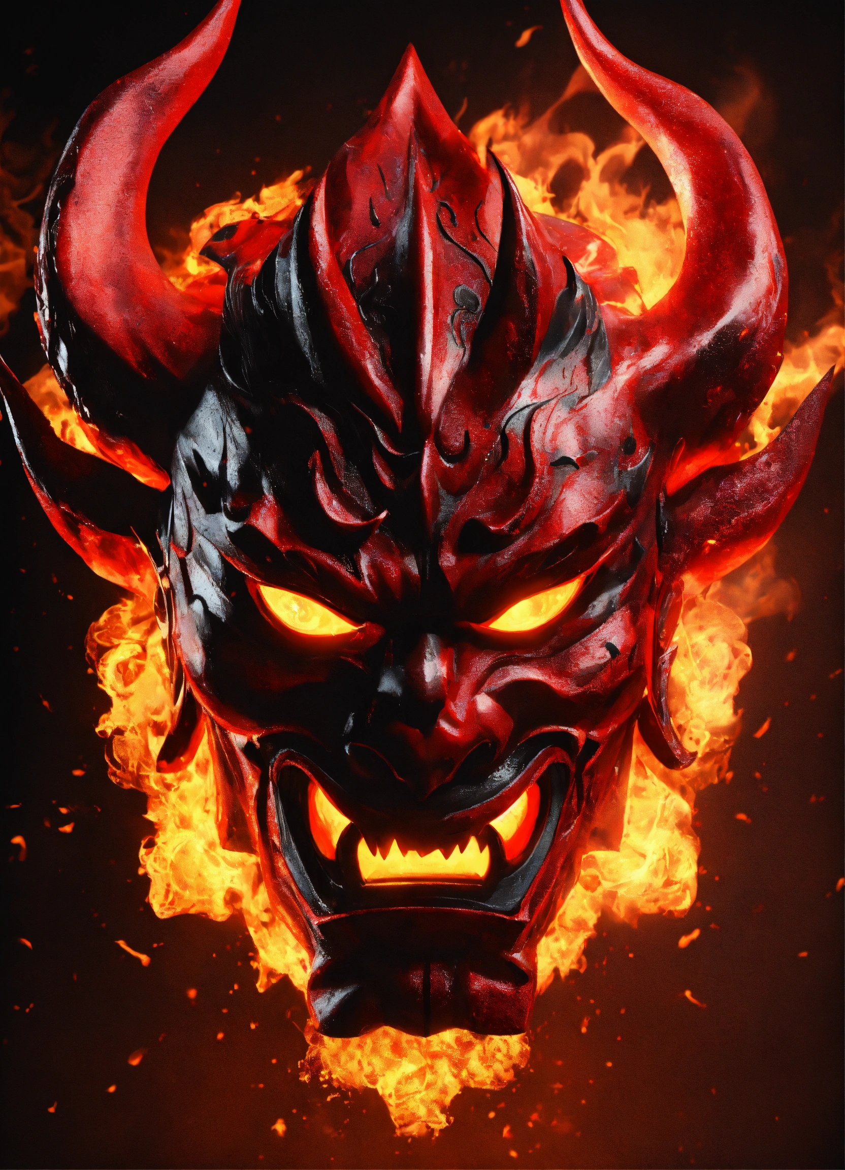 Lexica - Red oni mask, black background followed by realistic flames ...