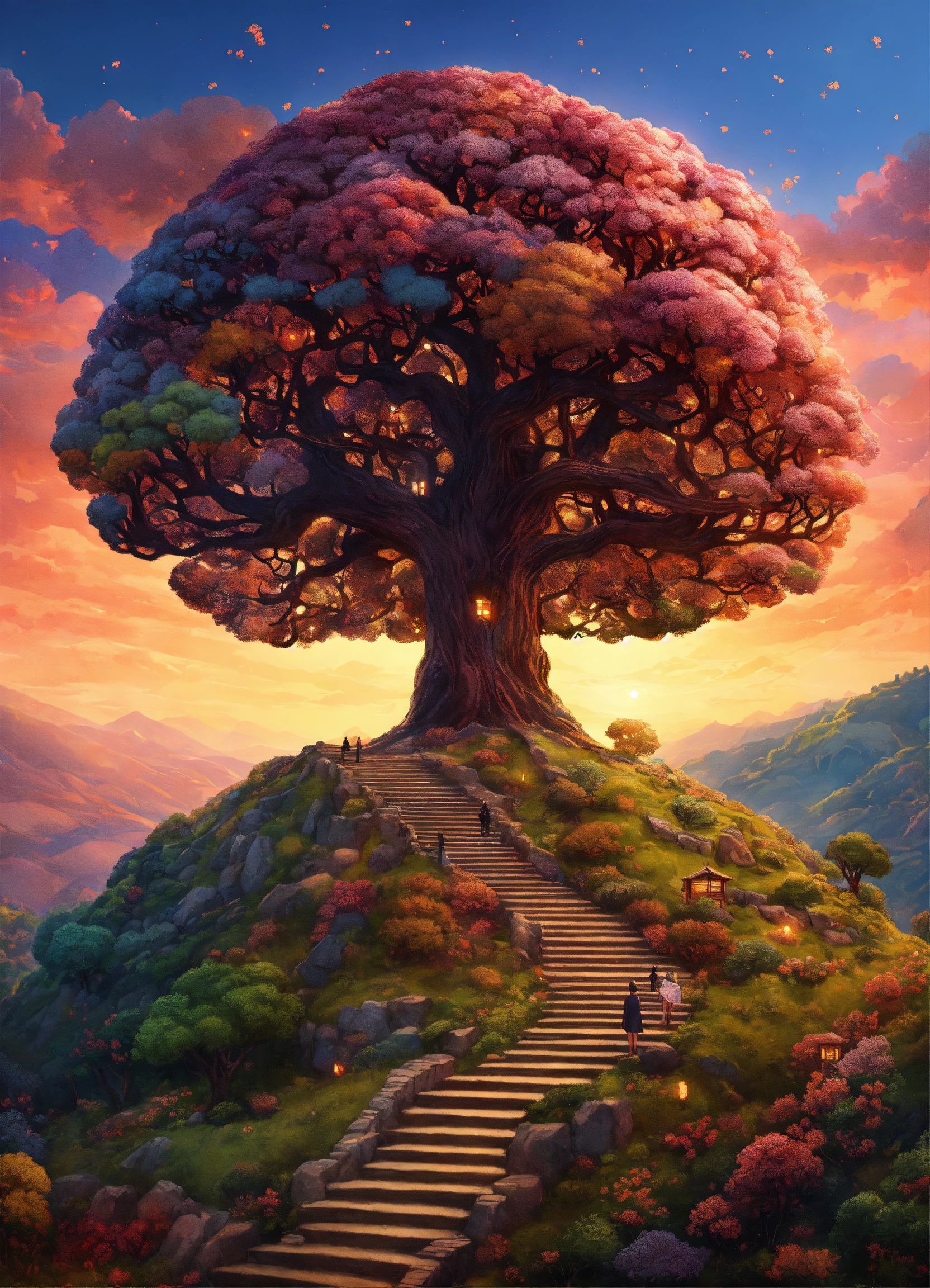 Lexica - Surreal giant tree on top of a hill, detailed, path up the ...