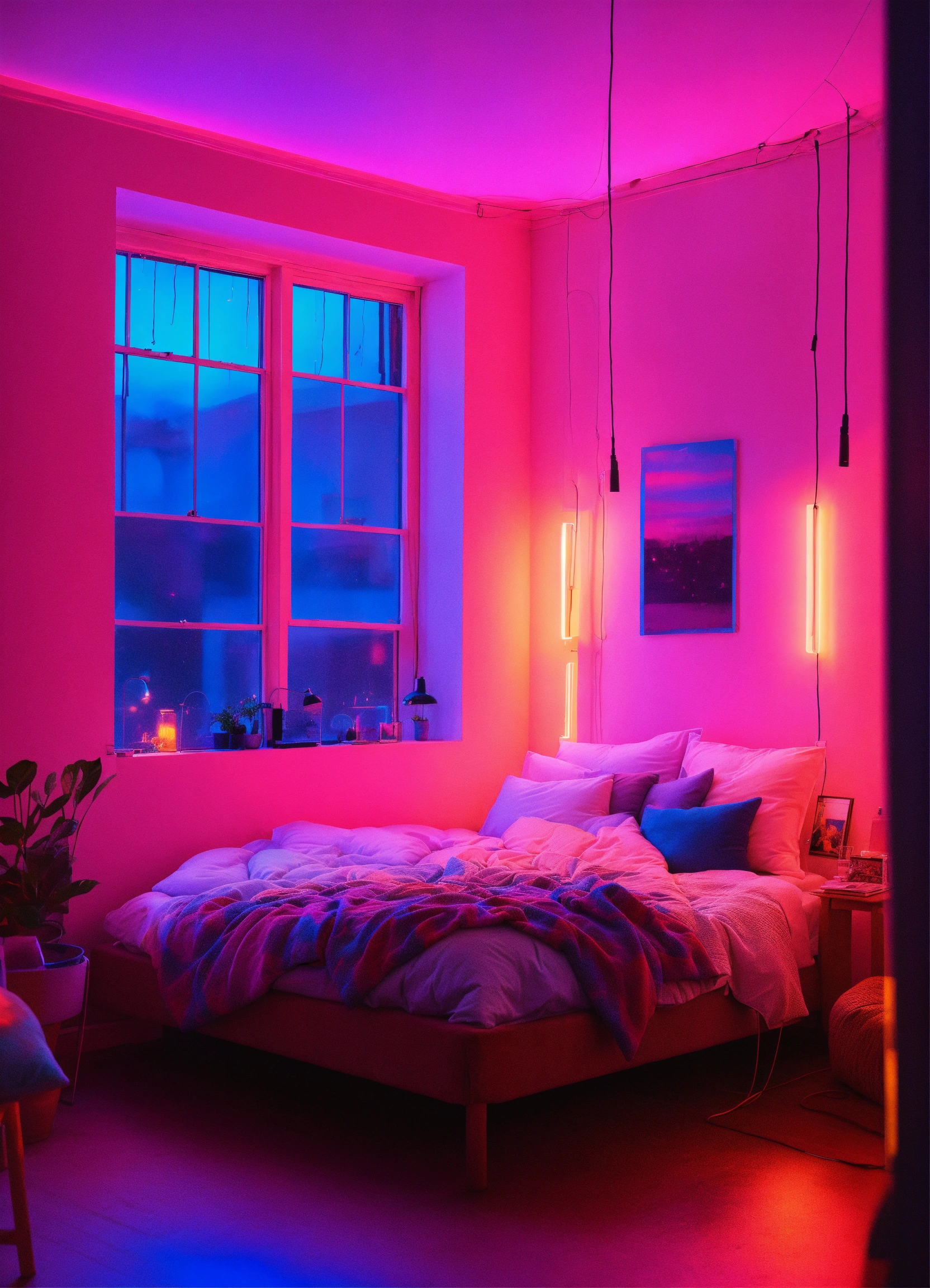 Lexica - Comfortable bed, cushions, pillows, neon lights, blue light ...