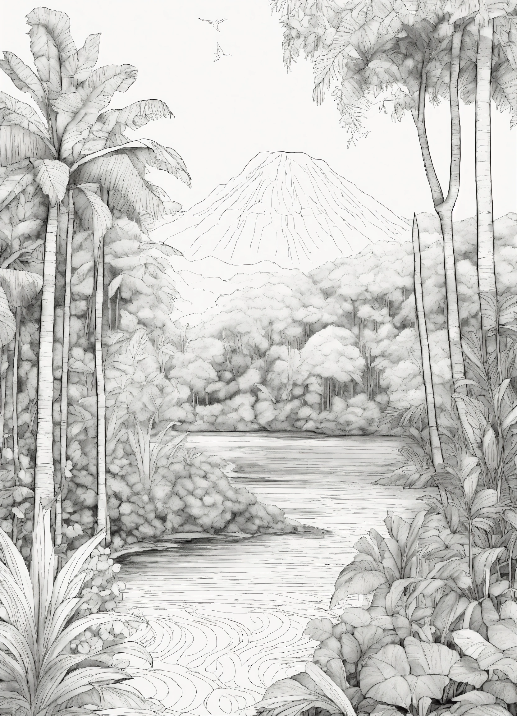 Lexica - B/w outline for coloring book page, amazonia landscape, sketch ...