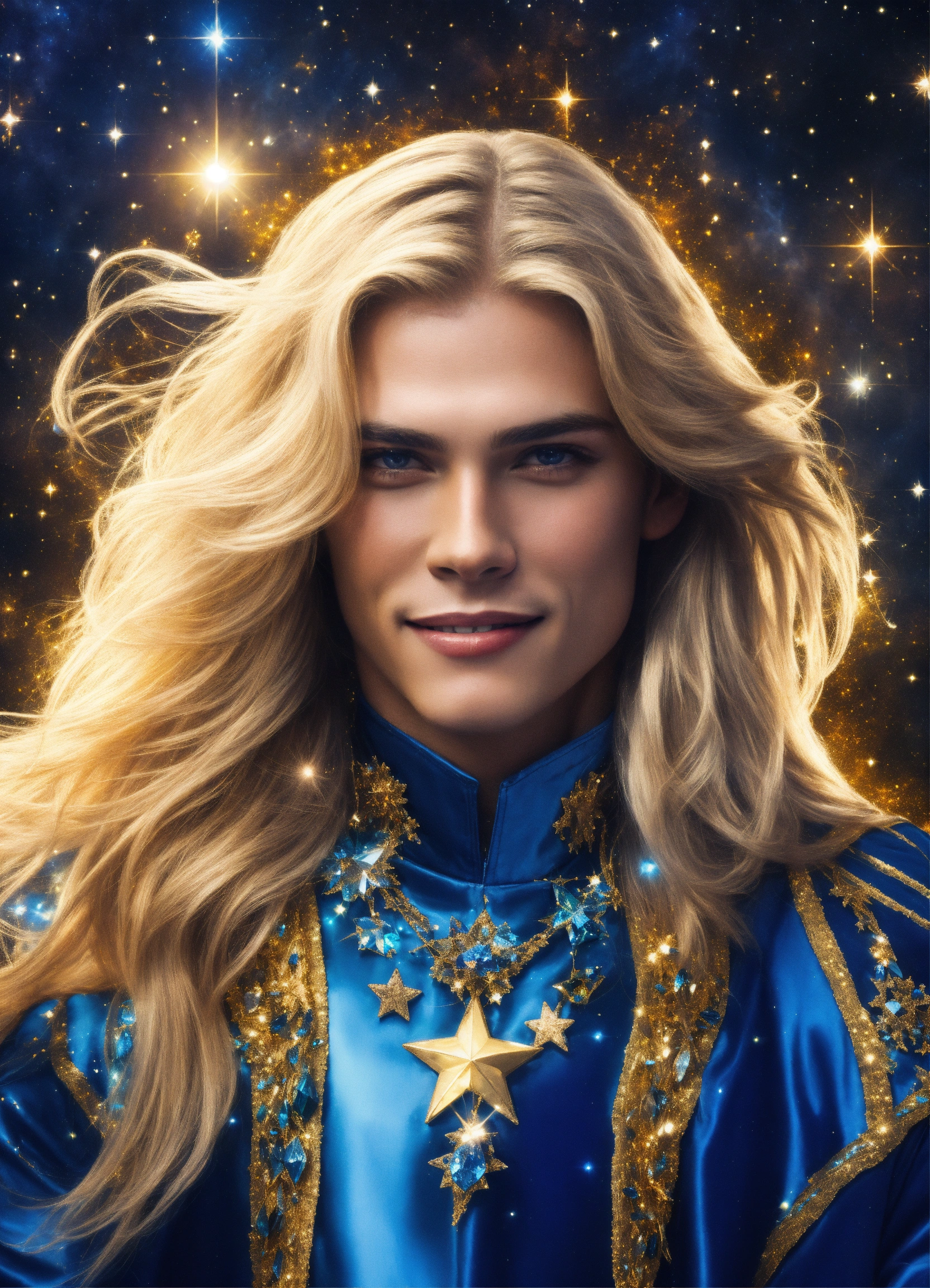 Lexica - Beautiful faces cosmic men long blond hair, smiling, blue and ...