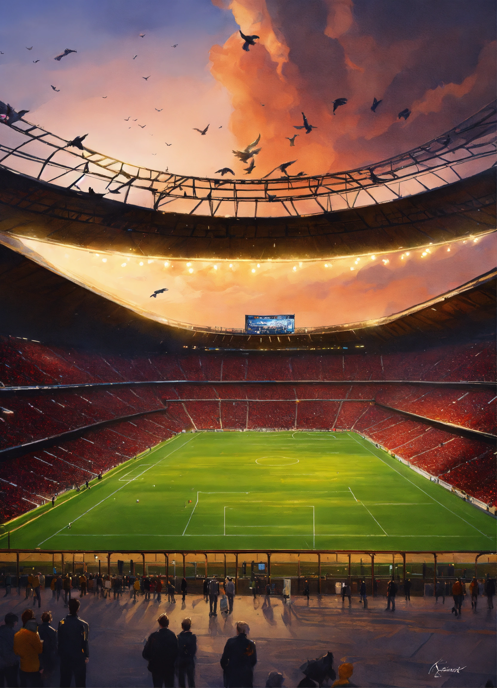 Lexica - Paris footbal stadium, flying pigeon, digital art painting by ...