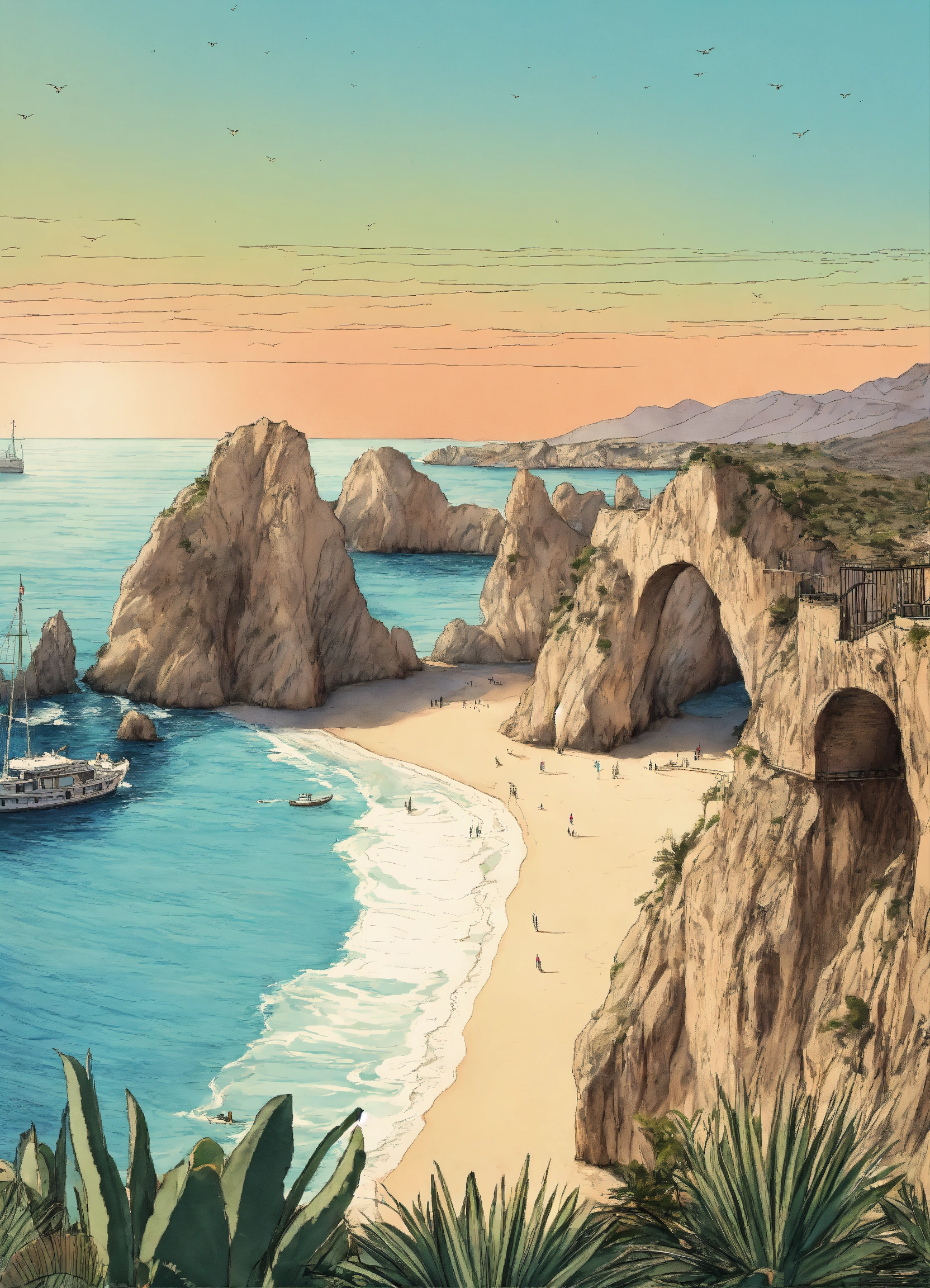 Lexica - A line art drawing of los arcos in cabo