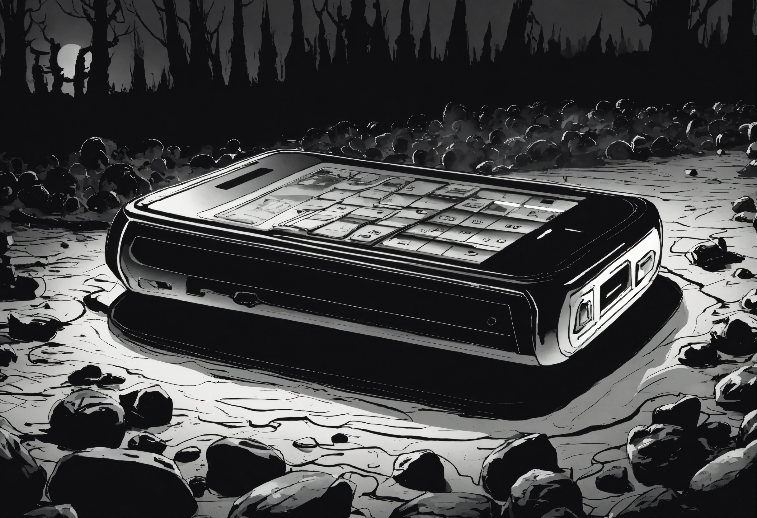Lexica - Black and white illustration of evil cell phone, in dark room ...