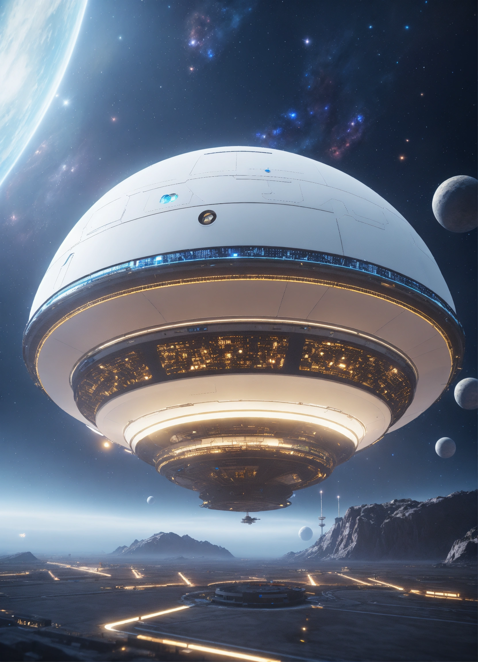 Lexica - Beautiful white disc shaped spaceport hub flying floating in ...