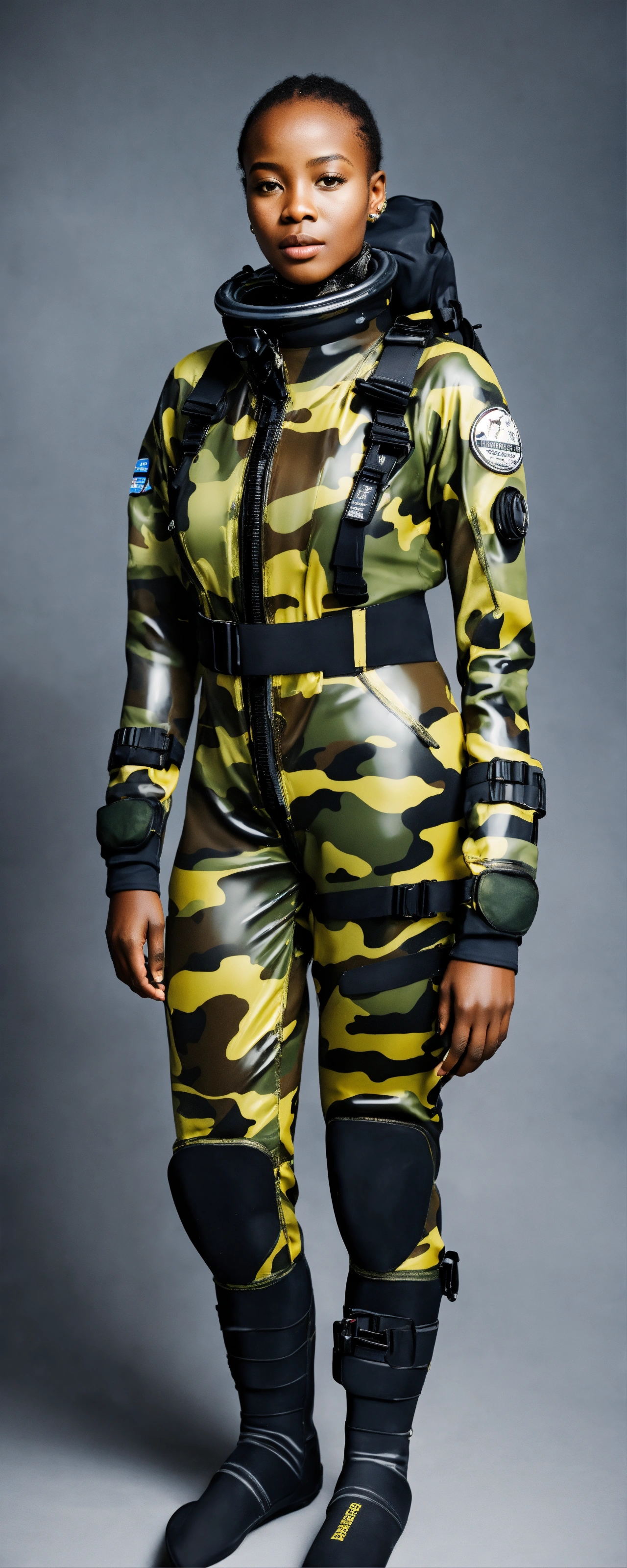 Lexica - Slim african female diver in camouflage glossy viking drysuit