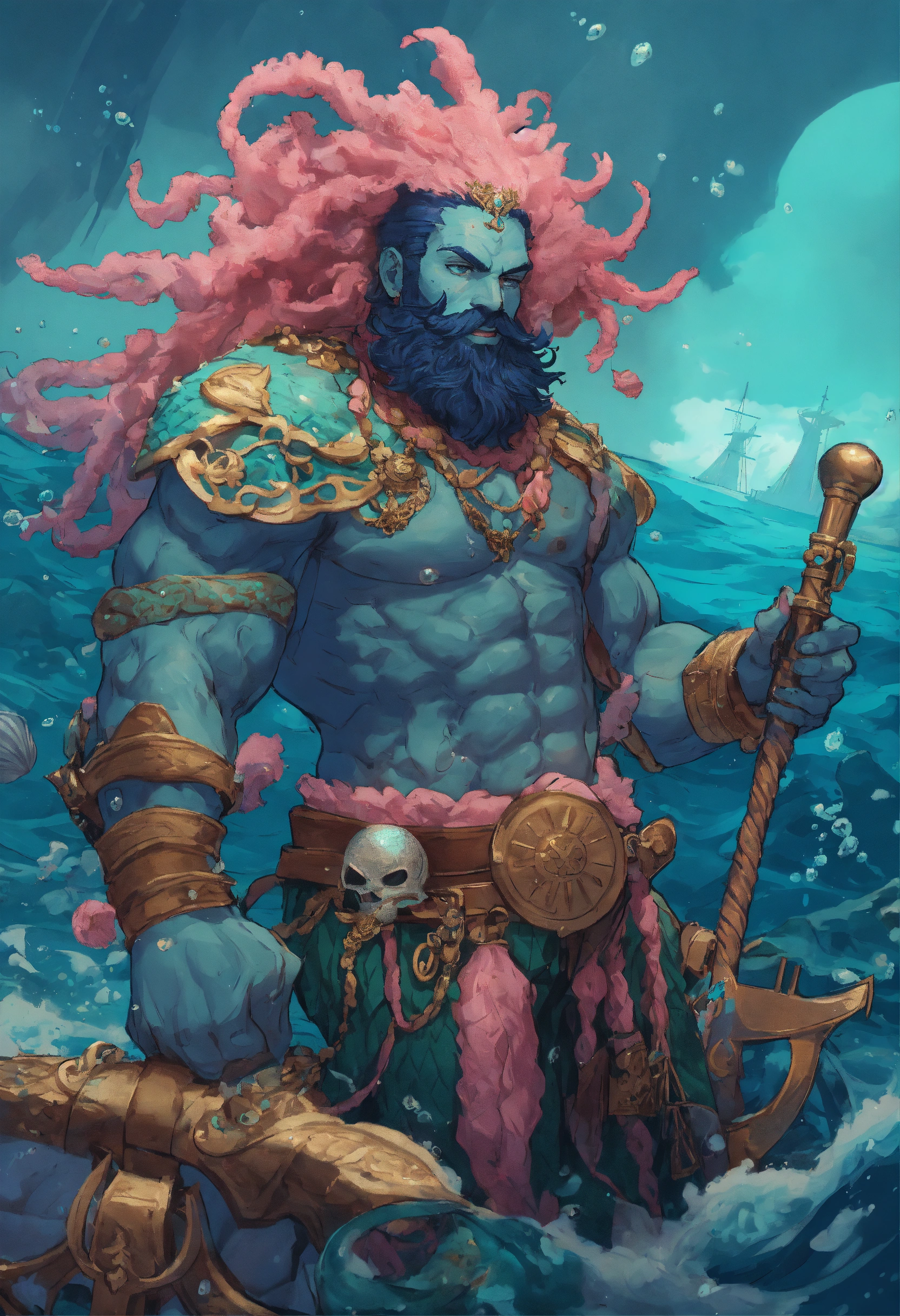 Lexica - A buff muscular Merman pirate with scales across his Blue skin ...