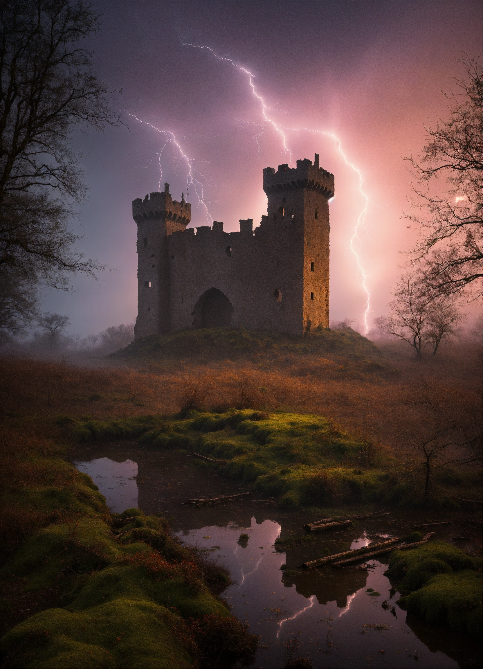 Lexica - Ruin of a stone castle in the middle of a foggy barren swamp ...