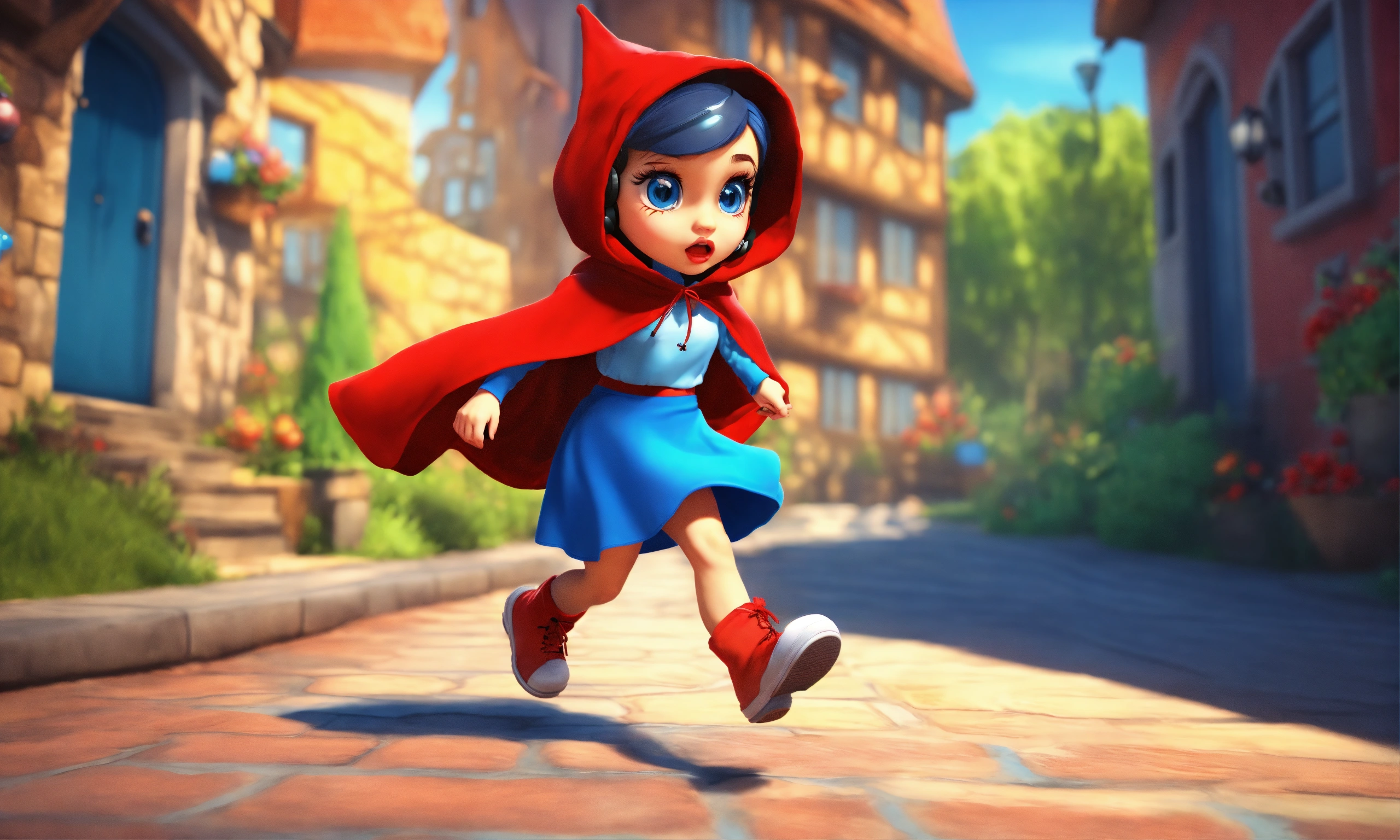 Lexica - Cartoons scared modern Red Riding Hood, wearing short blue ...