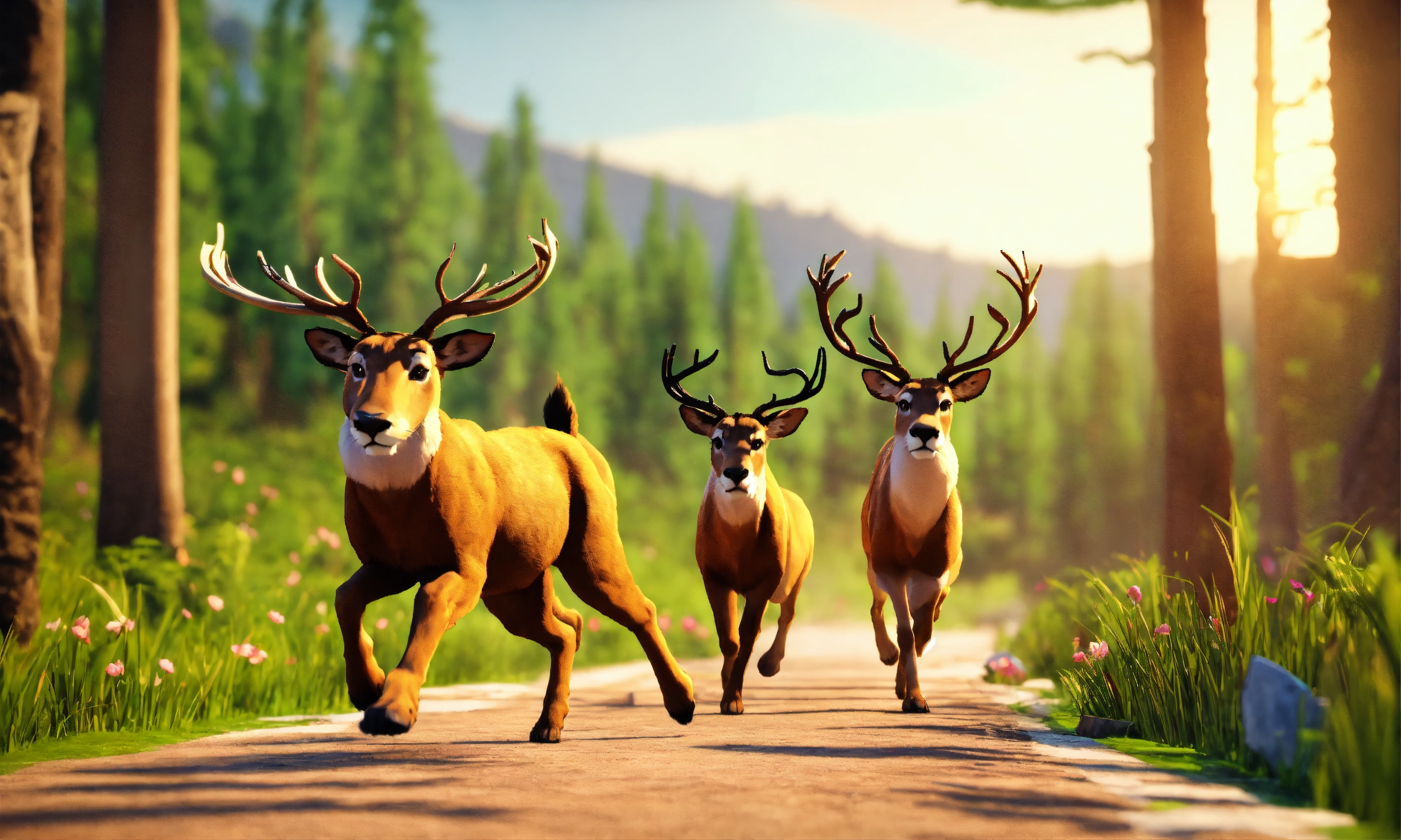 Lexica - 3d animation style cartoon deer running ahead behind it lion ...